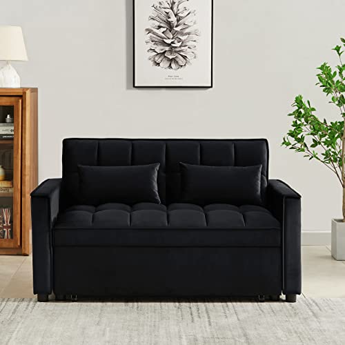 3 in 1 Pull Out Sleeper Sofa Bed Convertible Loveseat Velvet Guest SofĂĄ Daybed Folding Accent Futon Couch Lounge Chair with Adjustable Backrests, Side Pockets and Lumbar Pillows for Living Room RV
