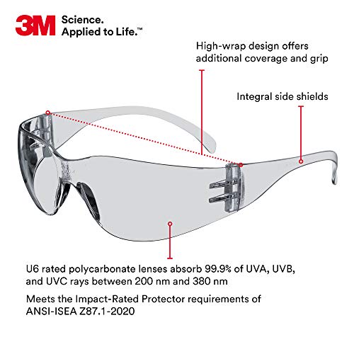 3M Safety Glasses, Virtua, ANSI Z87, 20 Pairs, Indoor/Outdoor Clear Hard Coat Lens, Clear Frame