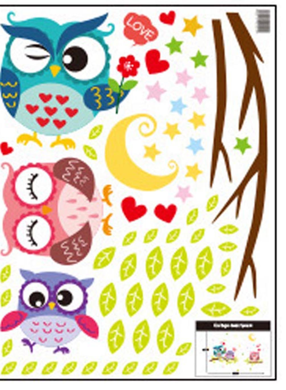 BIBITIME Night Moon Star Sky Wall Sticker Love Family Owls on The Tree Branch Wall Decal for Nursery Bedroom Kids Room Decor,25.19" x 16.92"