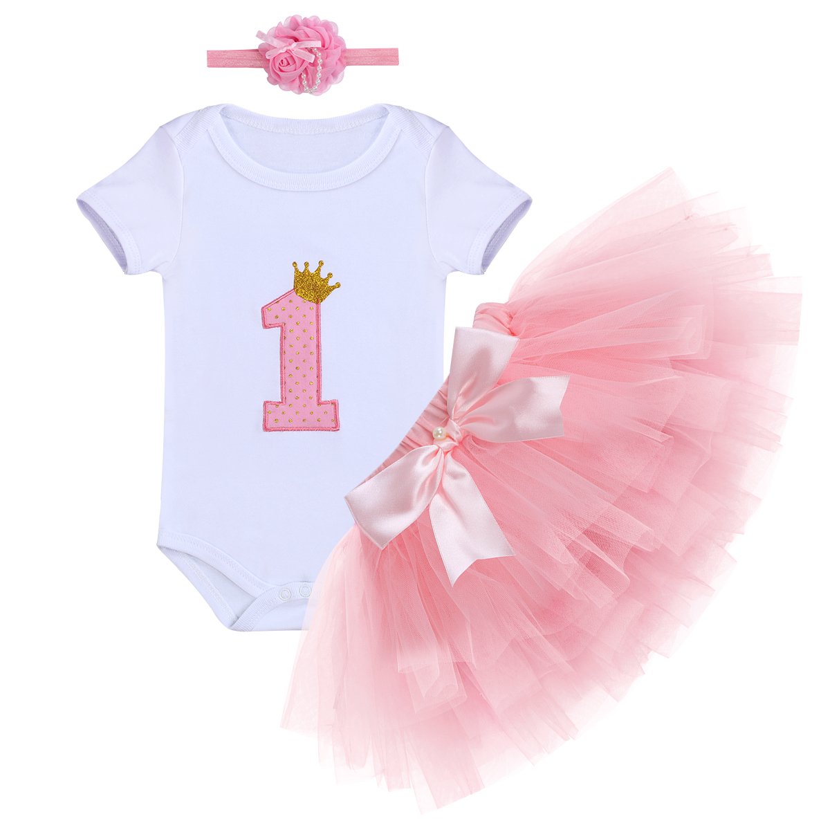 Baby Girls First Birthday Clothes One-piece Bodysuit 1st Crown Romper+Ruffle Tulle Skirt+Bowknot Headband 3PCS Set Toddler Infant Smash Cake Outfits for Casual Photo Shoot Pink Age 1 Year Old