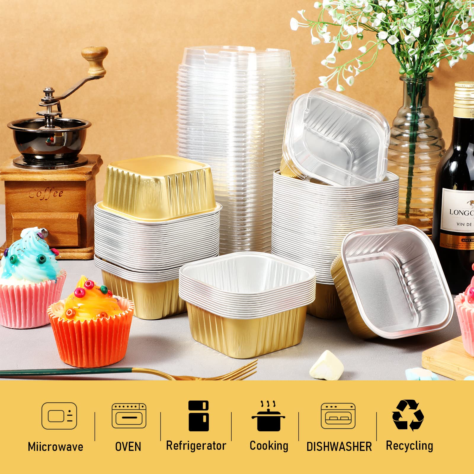 200 Pcs 5 oz Aluminum Foil Baking Cups with Lids 150 ml Foil Cupcake Containers Disposable Ramekins Mini Creme Brulee Pudding Cups Square Muffin Liners Flan Cups for Wedding Christmas Birthday Party