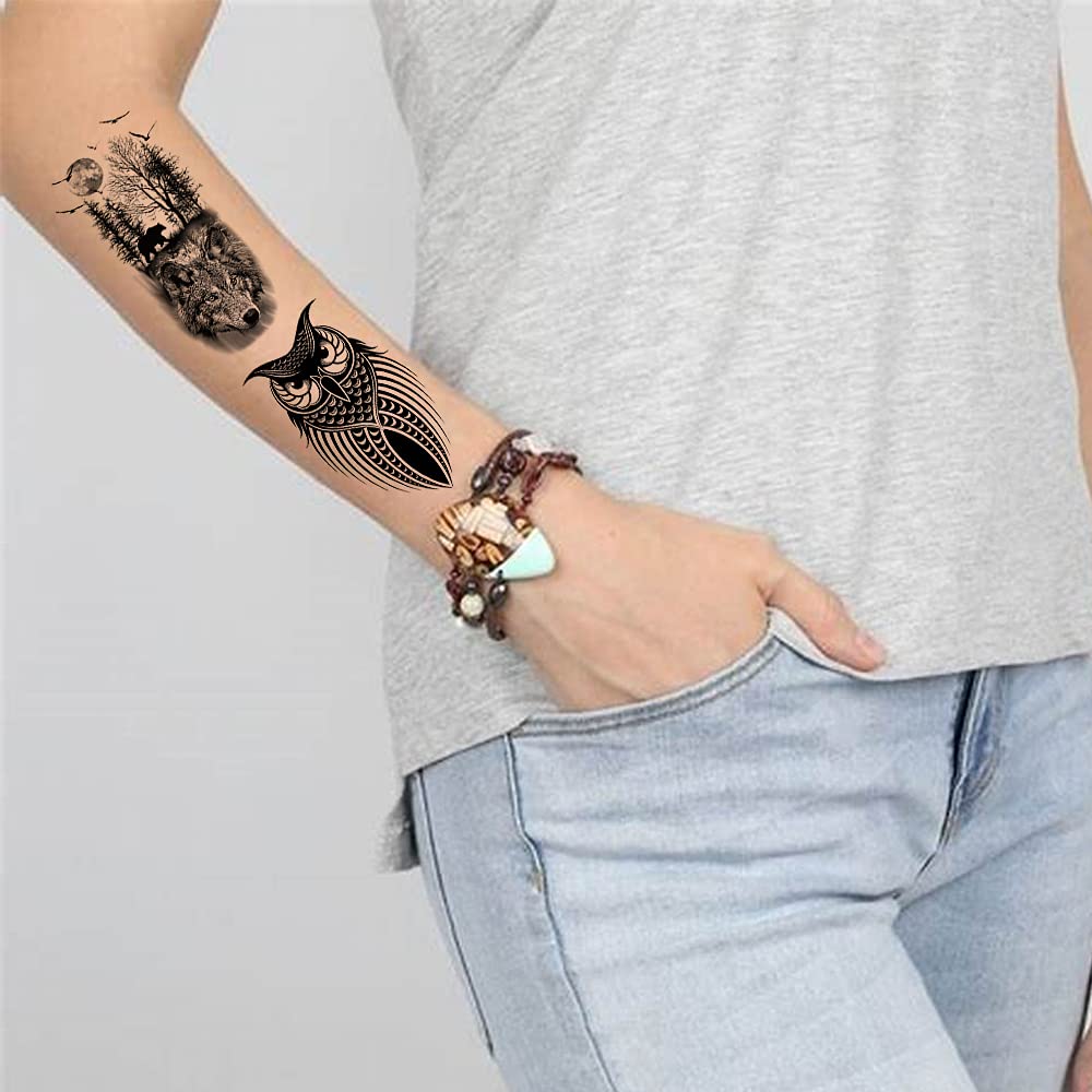 20 Sheets Large Owl Temporary Tattoos for Men Women, Realistic Owl Temporary Tattoo Stickers for Adults 3D Fake Wolf Lion Dragon Totem Animals Tatoos