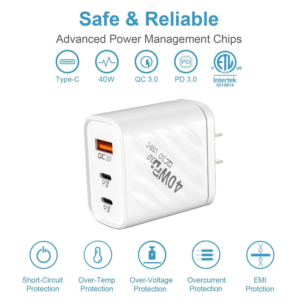 2 Pack 40W USB C Wall Charger, Dual Port PD+QC 3.0 Power Adapter, Fast Plug Charging Block for iPhone 11/12/13/14/15 Plus Pro Max,Samsung Galaxy S23/S22/S21 Android Phone