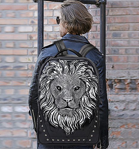 3D Animal Head Backpack, Studded PU Leather Cool Laptop Backpack College Bookbag (Lion-Gold) One Size