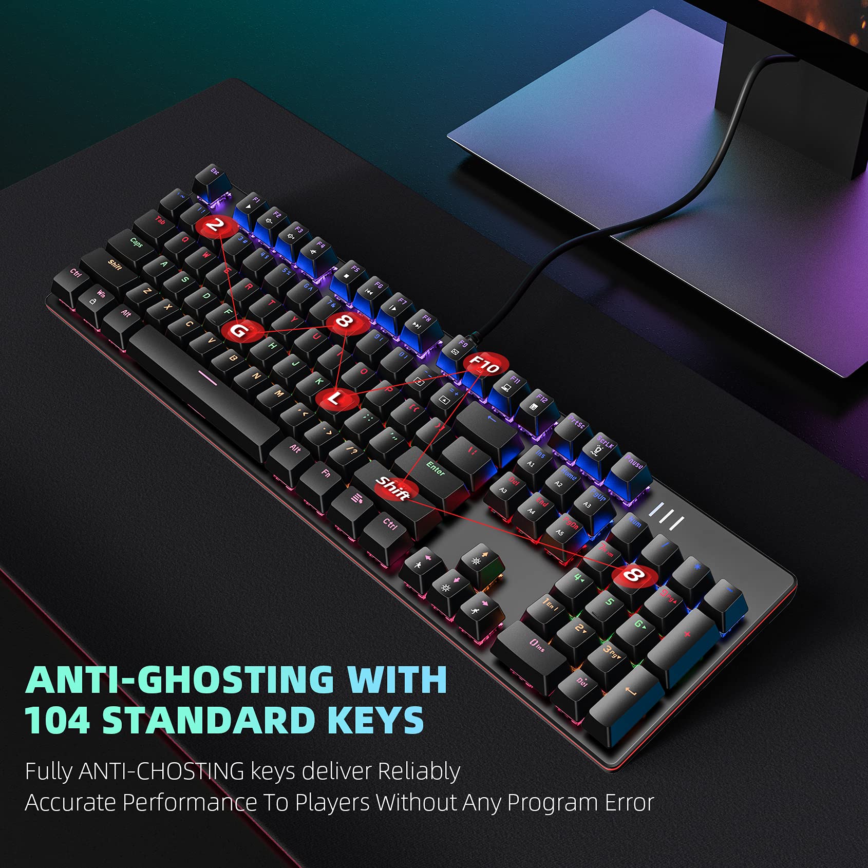 Xooec AK33-Pro Mechanical Gaming Keyboard RGB LED Rainbow Backlit Wired Keyboard with Blue Switch 100% Anti-Ghosting Keyboards for Windows Gaming PC/MAC