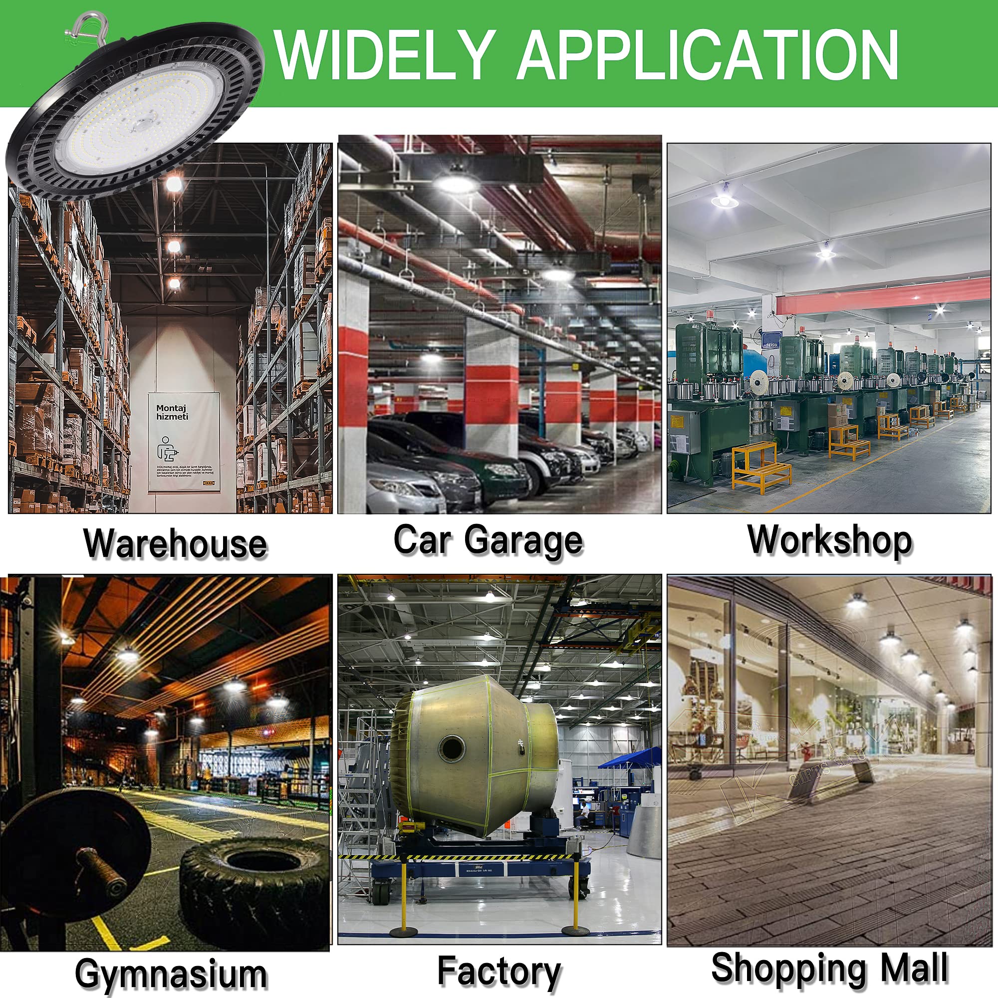 480V 150W UFO LED High Bay Lights, 24000LM, 0-10V Dimmable, 500W HID/HPS Replacement, 5ft Cable, IP65, Hook Mount, Shop Lights, Garage, Factory, Warehouse, Workshop, Area Light