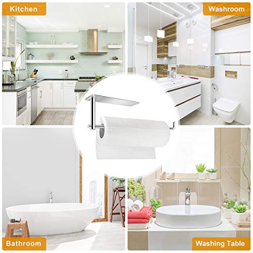 Paper Towel Holder Under Cabinet Mount- Self Adhesive Paper Towel Roll Rack for Kitchen Bathroom Towel, 12 Inch Rolls Wall Mounted & Drilling with Screws, 304 Stainless Steel (Silver, 15)