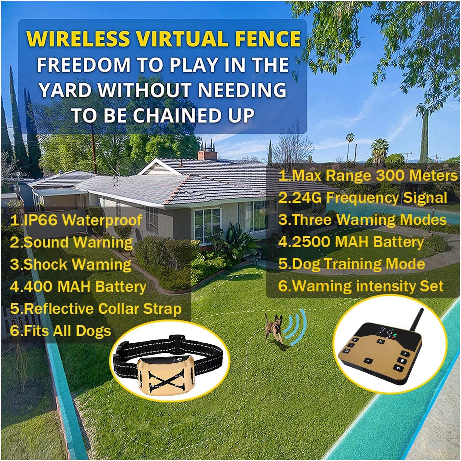 2 in 1 Wireless Dog Fence, Pet Electric Boundary Containment System, with Waterproof Training Collar Receiver, Rechargeable Safe Dog Boundary Container, Adjustable Signal Range, for 1 2 3 Dogs,for3do