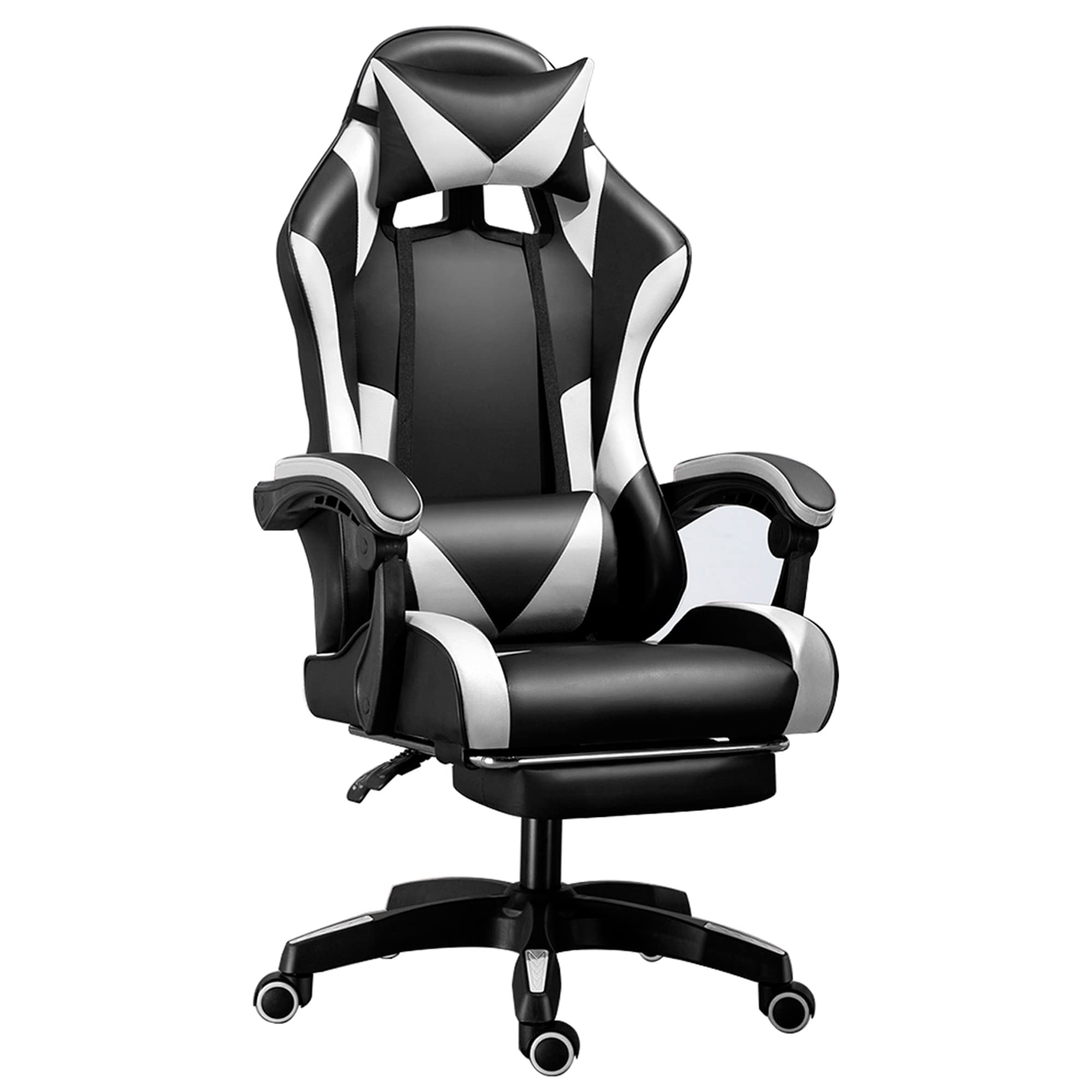 anjsindra Gaming Chair with Footrest Ergonomic Video Game Chairs Adjustable Headrest Lumbar Support High Back PU Leather Racing Style Office Computer Chair for Adults (Black+White)