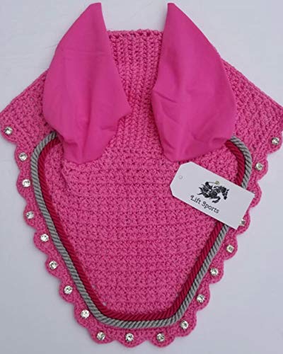 Horse Fly Bonnet with Ears Net Mask Veil with Crystals Blings Hand Made Breathable Cotton Crochet Shows Protect from Bugs and Flies (Full, Purple)