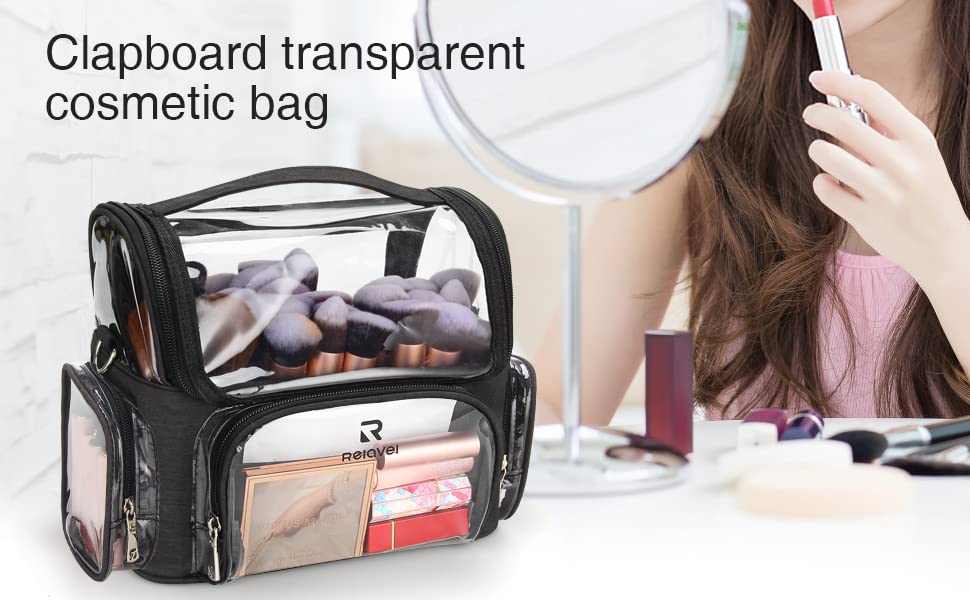 NAONAYA Makeup Brush Case, Large Makeup Brush Holder Professional Makeup Artist Travel Case Clear Waterproof Cosmetic Organizer Bag, Full Open Easy to Access, with Adjustable Strap and Dividers