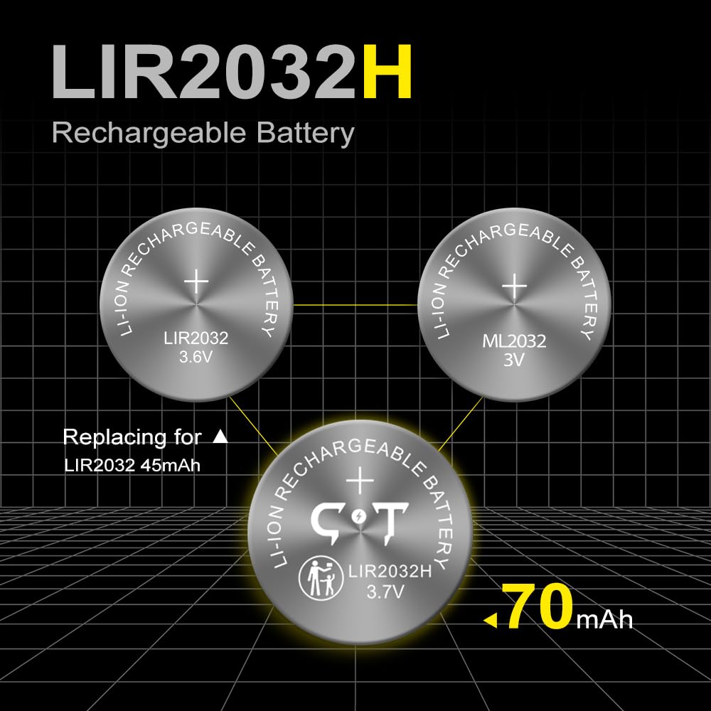 CT-ENERGY LIR2032 Rechargeable Batteries 3.7V with High Capacity 70mA Can Be Replacement of Rechargeable Coin Cell Lithium Batteries ML2032