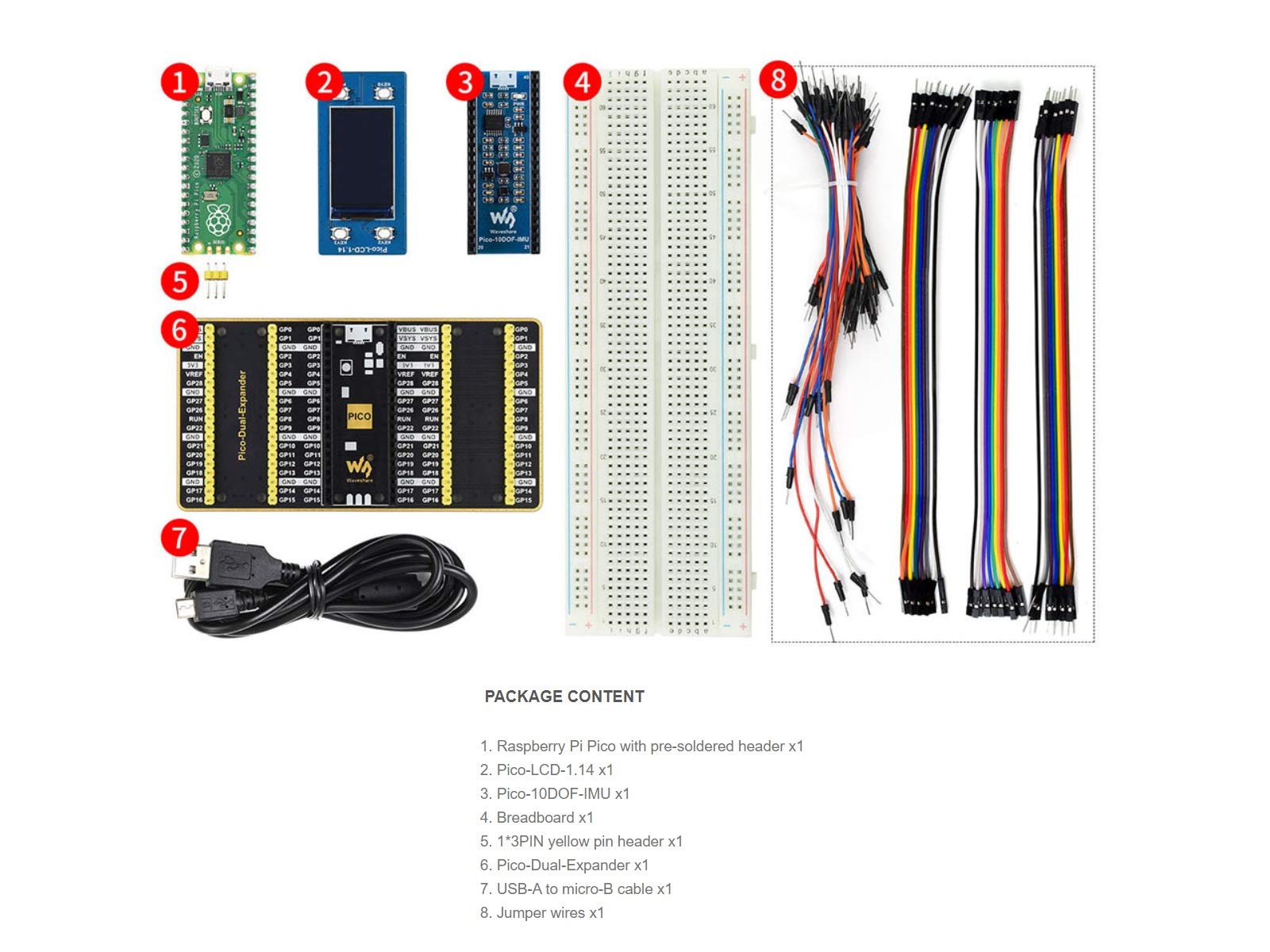 waveshare for Raspberry Pi Pico Evaluation Kit B Include Pi Pico Board with Pre-Soldered Header,1.14inch RGB Color LCD, 10DOF IMU Sensor Module,Dual GPIO Expander,Breadboard