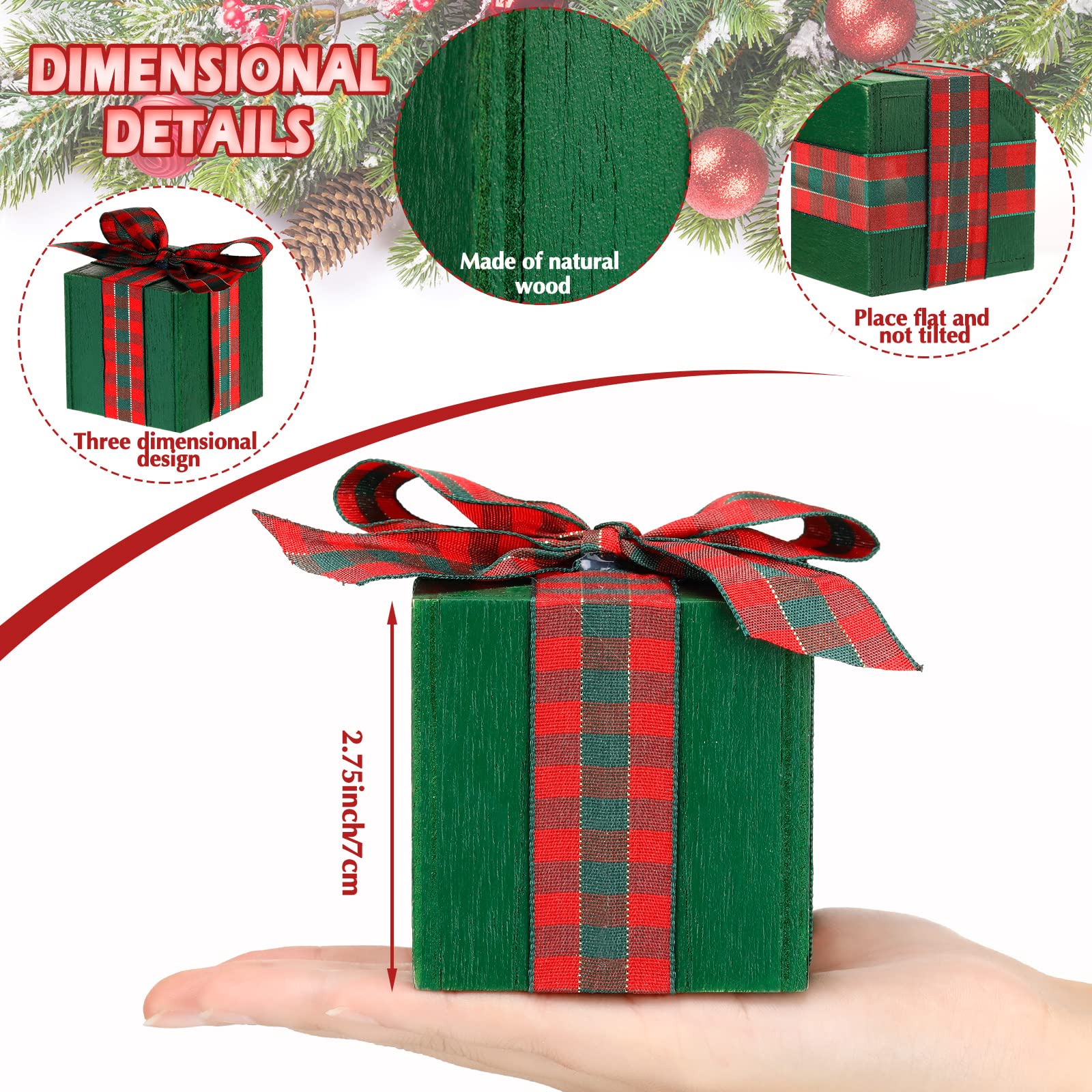 3 Pcs Christmas Table Centerpieces Christmas Rustic Wood Presents Faux Blocks Table Decor Tiered Tray Decor with Buffalo Plaid Bowknot Pine Cone Berries for Xmas Party Decoration (Classic Style)
