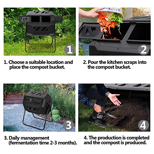 Oteymart Large Compost Bin Tumbler, 43 Gallon Capacity Composting Tumbler with Twin Chambers Dual Rotating Sliding Door & Solid Steel Frame, Black