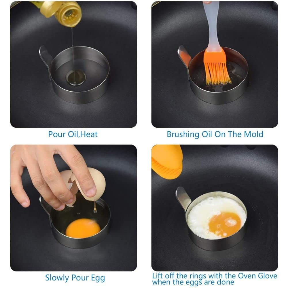 2/4/6Pcs Egg Rings Round Egg Frying Mold Pancake Shaper Stainless Steel Omelette Mould with Handle for Breakfast Camping (3.5inch/3inch)(S 4PCS)