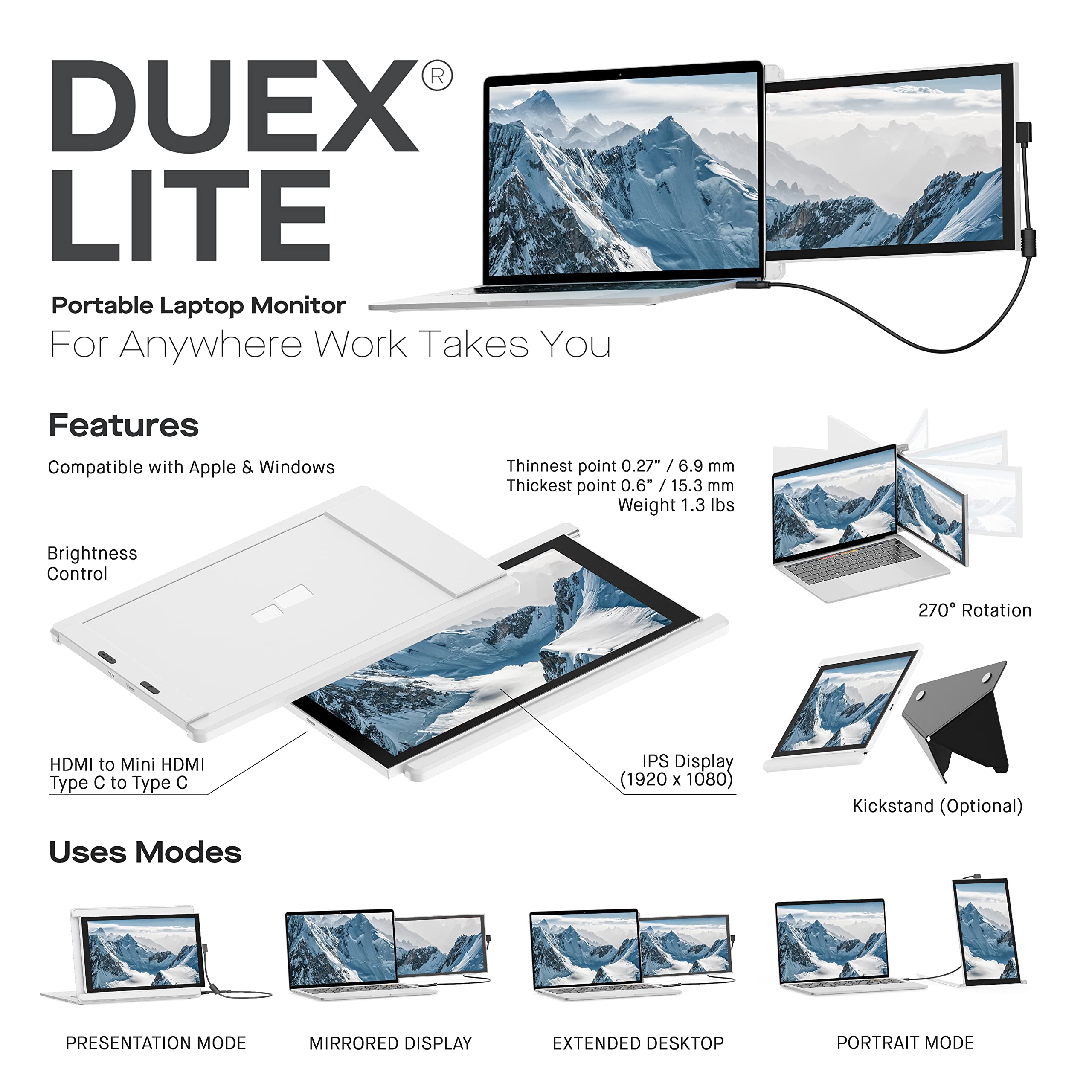Mobile Pixels DUEX Lite 12.5" 16:9 Full HD Portable Laptop LCD Monitor, Cool White