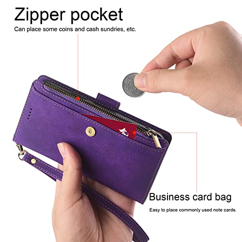 Antsturdy for iPhone 13 (6.1") Zipper Wallet Case,Luxury PU Leather with Handbag Wrist Strap Folio Flip Cover [RFID Blocking] Credit Card Slot Card Holder [Kickstand Function] Women Purple
