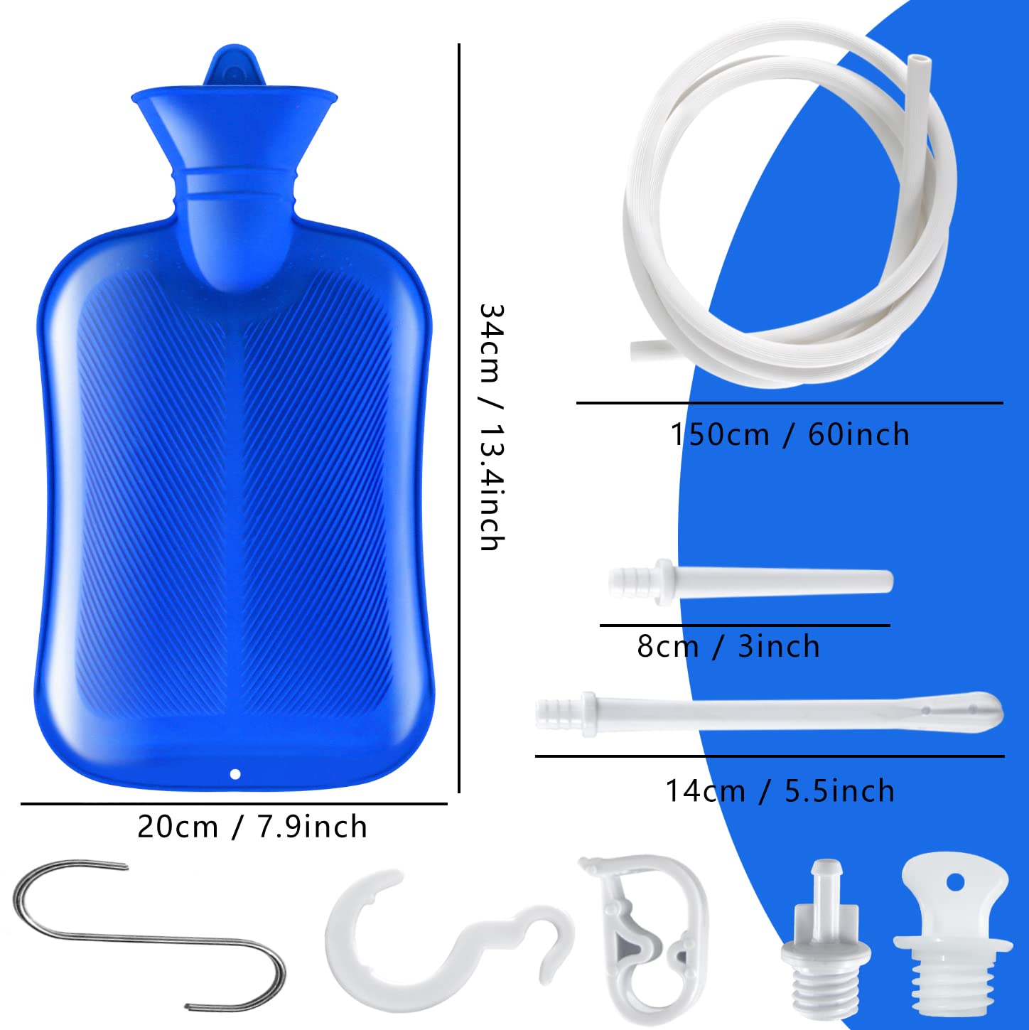 2 L Enema Bag ,Coffee Enema Bag Kit with 5.0 ft. Long Silicone Hose ,2 Multi-Size Reusable Tips, Controlable Water Flow Valve- Coffee, Shower, Douche & Home Adult Enema Kit(Blue)