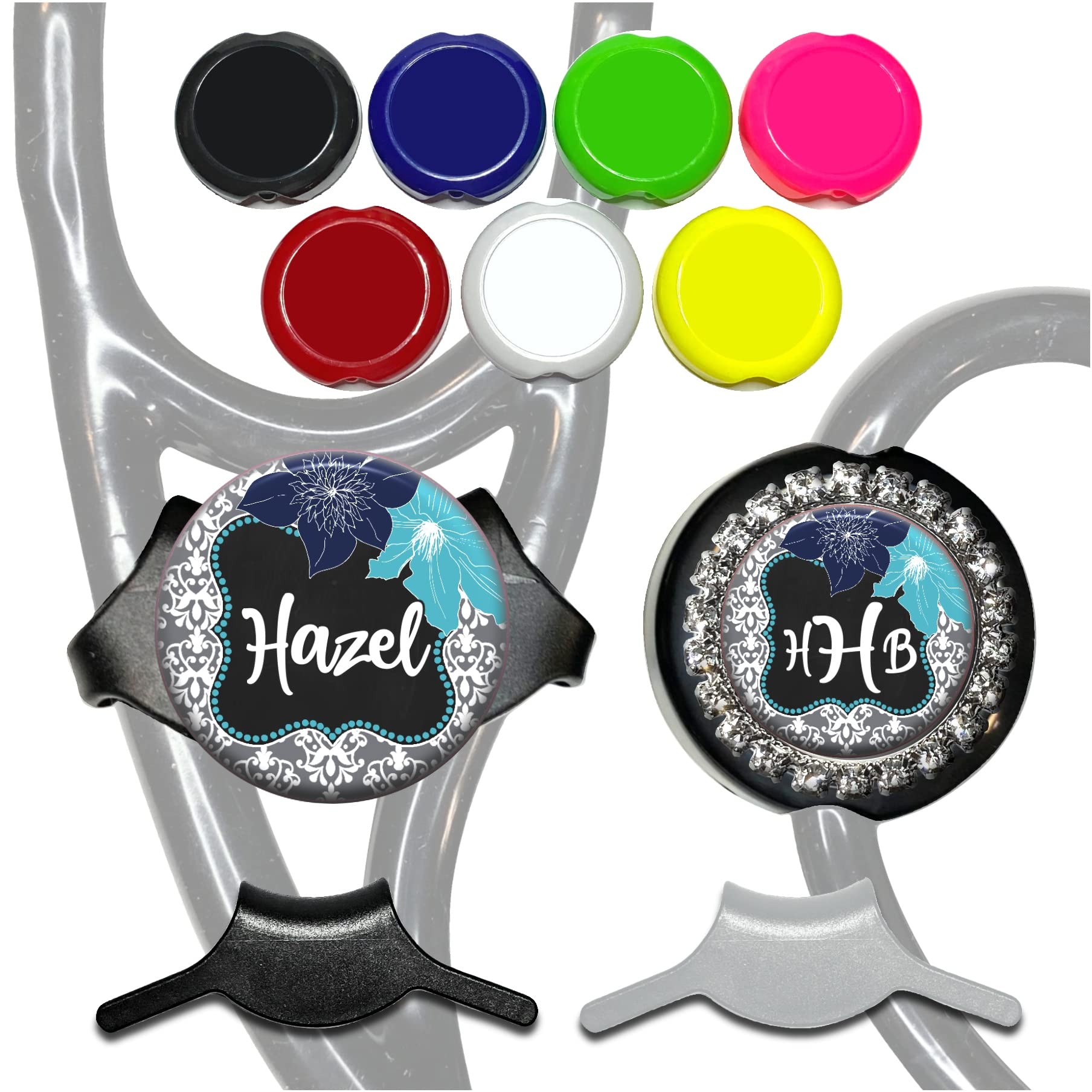 Custom Adjustable Blue Floral Yoke Stethoscope ID Name Tag - Fits All Stethoscopes, Personalized with Monogram and Occupation Title - Hospital Nurse Identification