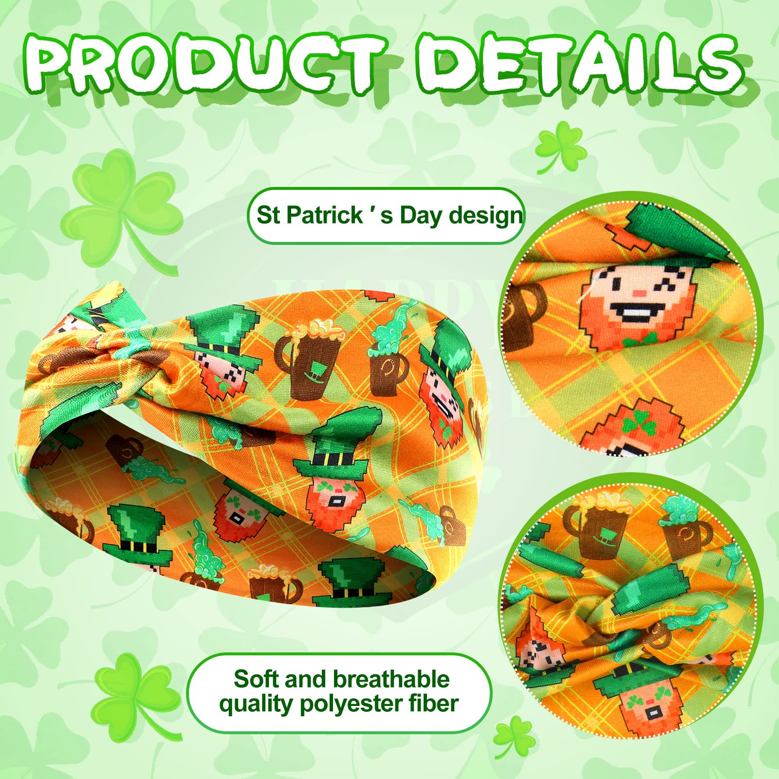 20 Pcs St. Patrick's Day Headbands Elastic Non Slip Hair Accessories Bulk Shamrock Pattern St. Patrick's Day Hairband for Women Girl
