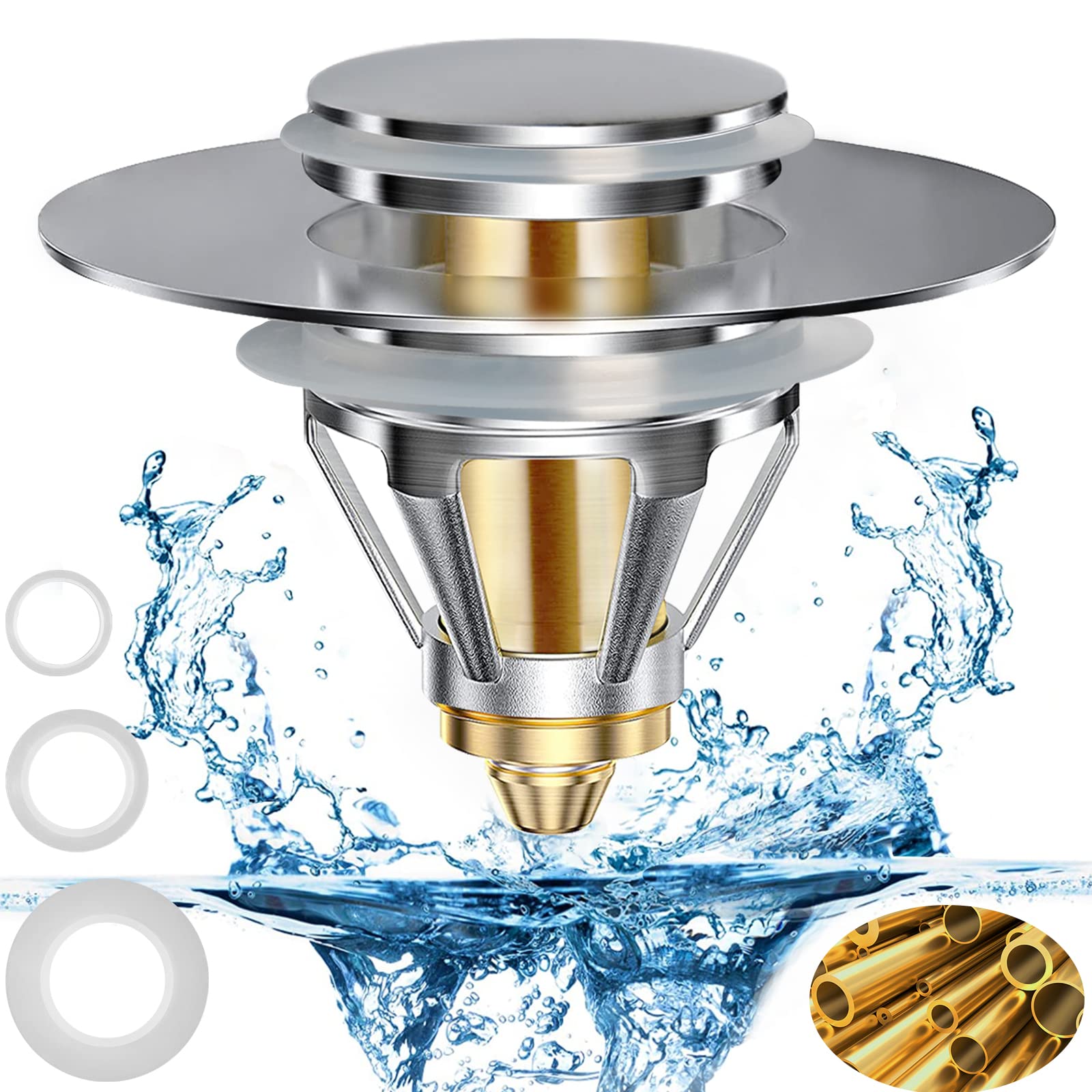 2.0 Upgraded Universal Bathroom Sink Stopper Pop Up, Sink Drain Plug for 1.06-1.80'' Drain Holes, Bathroom Stainless Steel Sink Drain Filter With Basket (Silver 1pc)