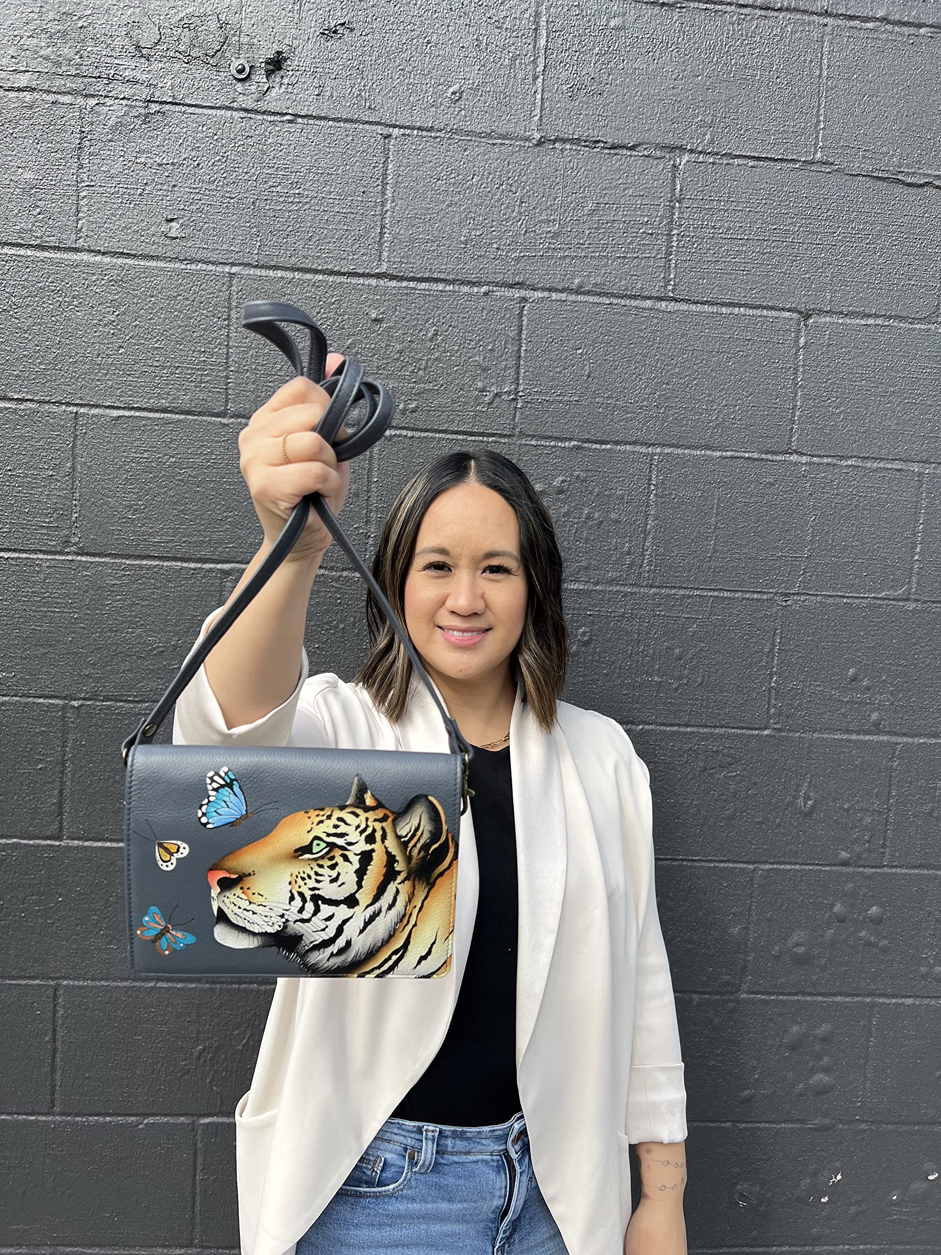 Anna by Anuschka Women’s Hand-Painted Genuine Leather Two Fold Wallet On a String - Royal Tiger