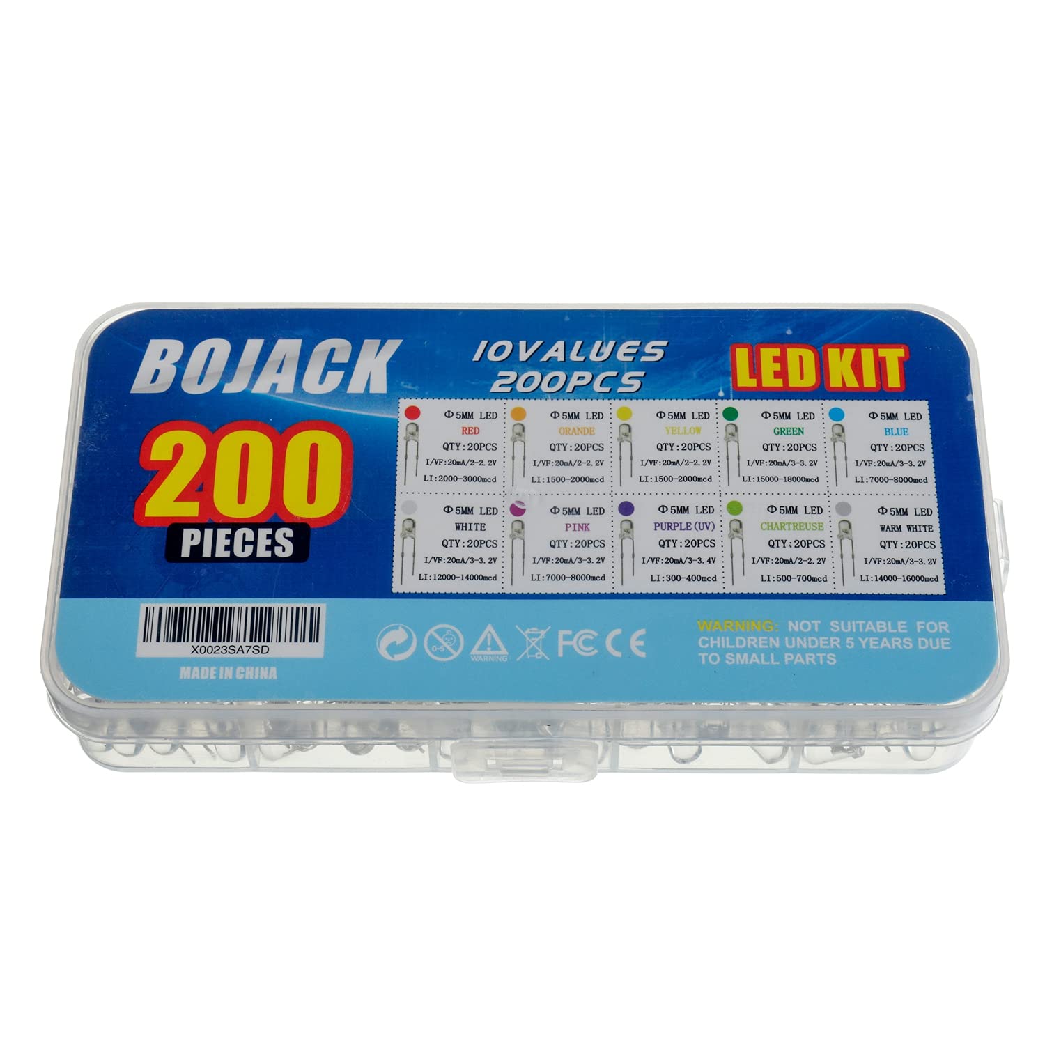 BOJACK 10 Colors 200 Pcs 5mm LED Diode Lights Assored Kit Pack (Transparent DC 2V - 3.2V 20mA) Bright Lighting Bulb Lamps Electronics Components 5 mm Light Emitting Diodes Parts