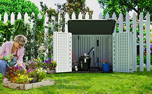 ADDOK Horizontal Storage Shed Weather Resistance, Large Outdoor Storage Cabinet Lockable, Thick HDEP Plastic Storage Unit for Backyards, Patio, Garden（27 Cu. ft/Ivory White