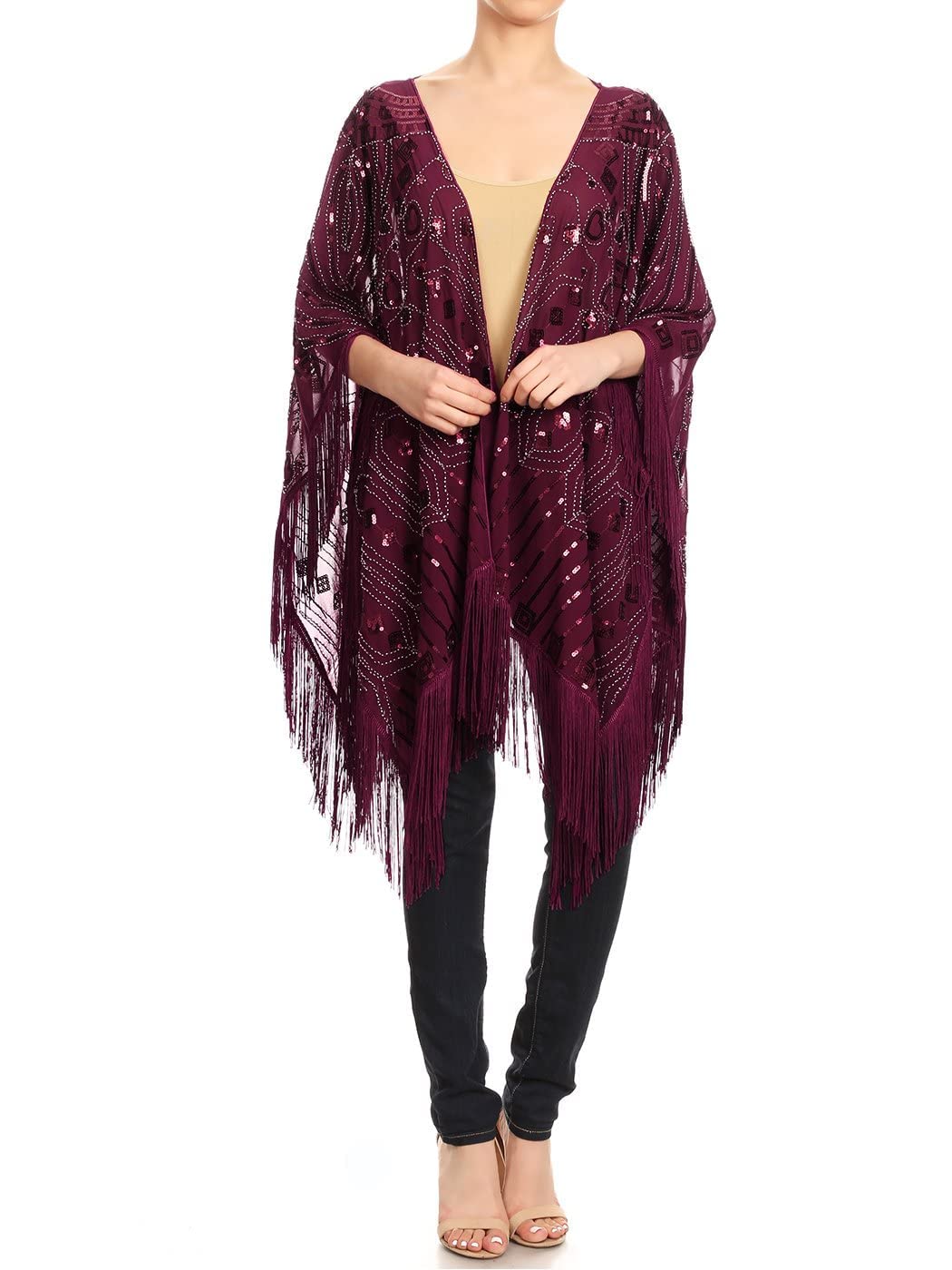 Anna-Kaci Womens Oversized Gatsby Hand Beaded Fringed Sequin Evening Shawl Wrap, Burgundy, Onesize