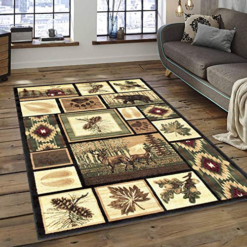 Champion Rugs Wildlife Nature Bear Deer Elk Buck Antler Southwestern Design Pine Trees Leaf Lodge Cabin Area Rug Carpet (7 Feet 8 Inch X 10 Feet 8 Inch)