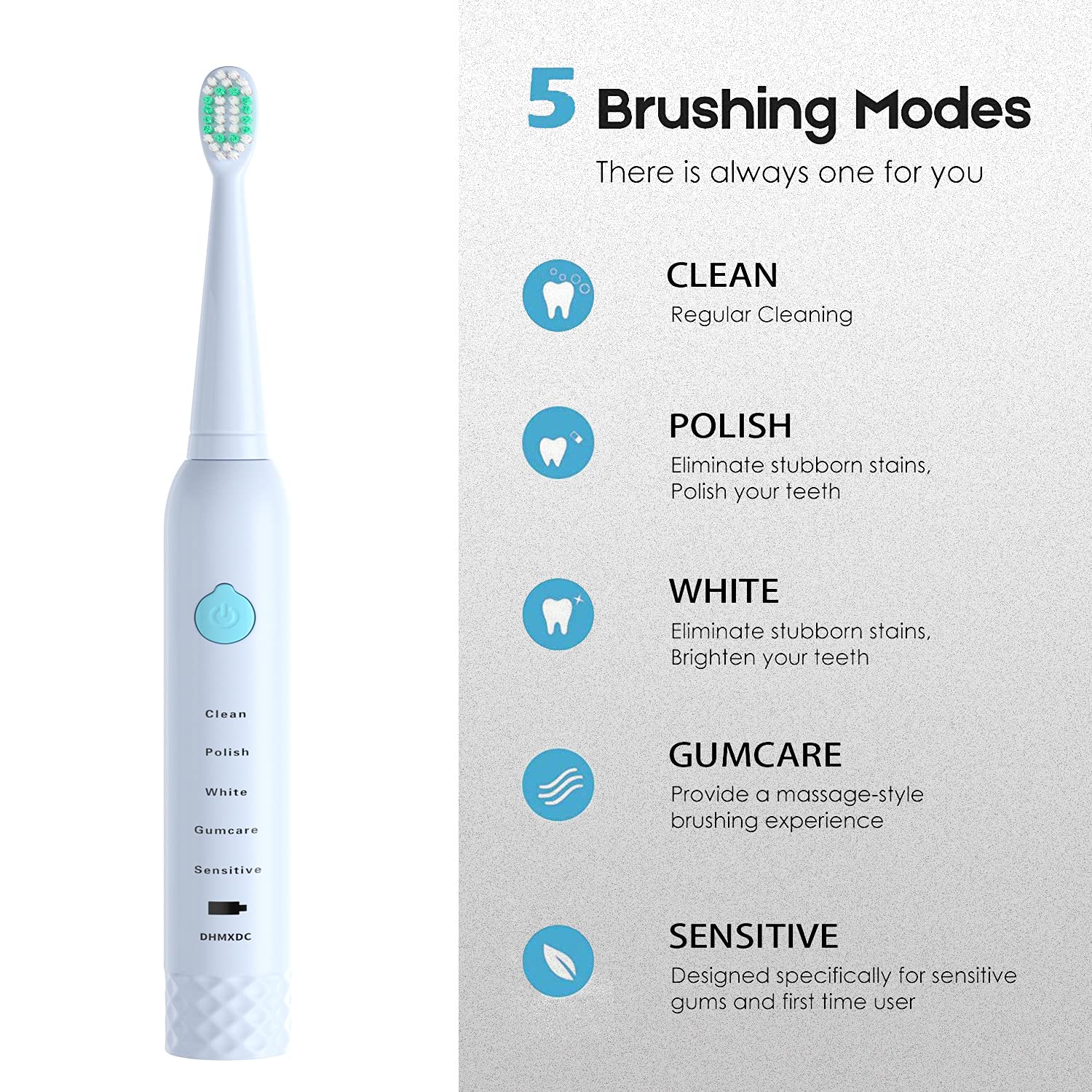 DHMXDC Sonic Electric Toothbrush for Kids and Adults, 5 Modes with 2 Min Build in Timer, Ultrasonic Toothbrush with 4 Brush Heads Charging Power Toothbrush
