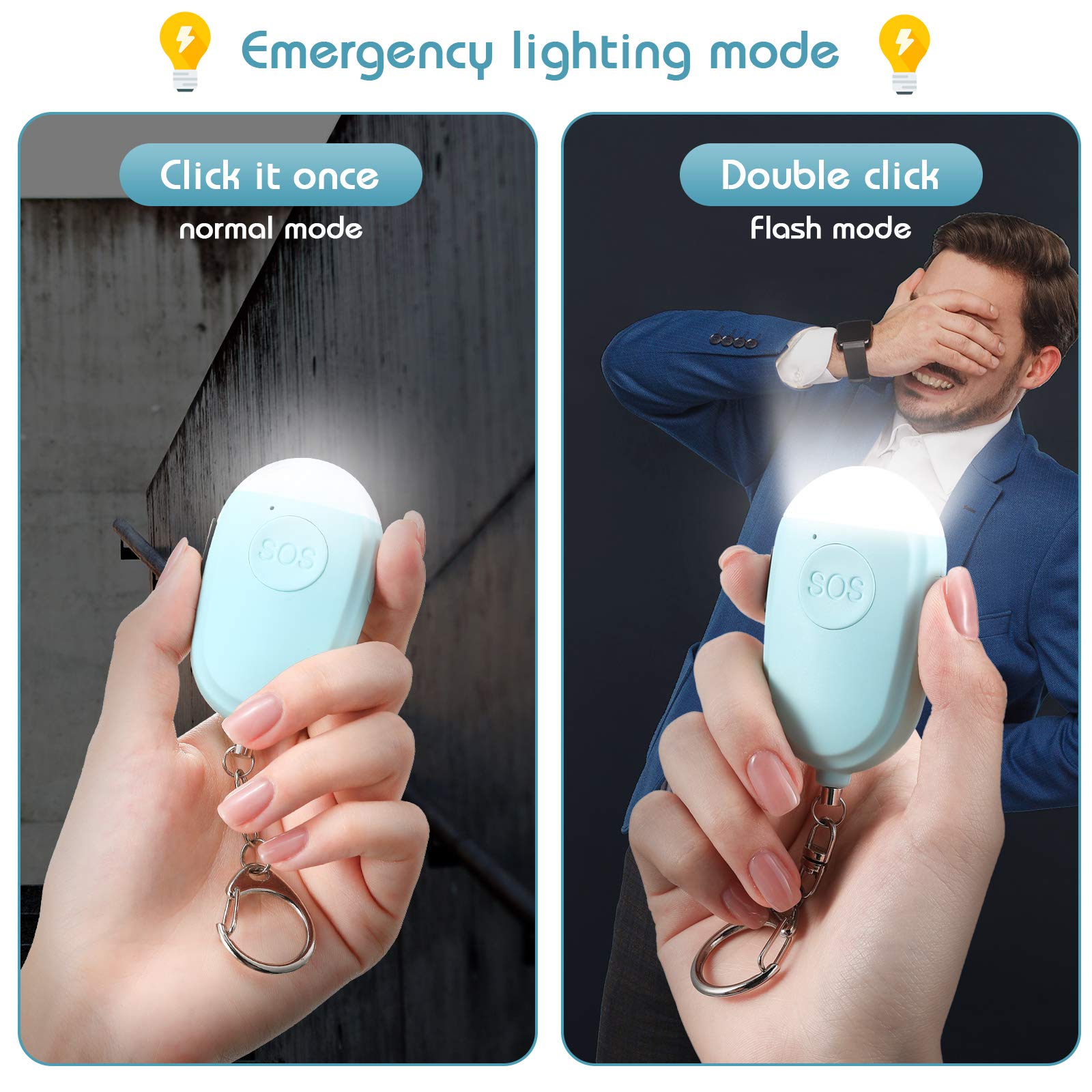 Frienda 4 Pieces Personal Security Alarm Keychain 130 dB Safety Alarm Self Siren Song Keychain with USB Rechargeable LED Flashlight for Women Kids Children Elders Men