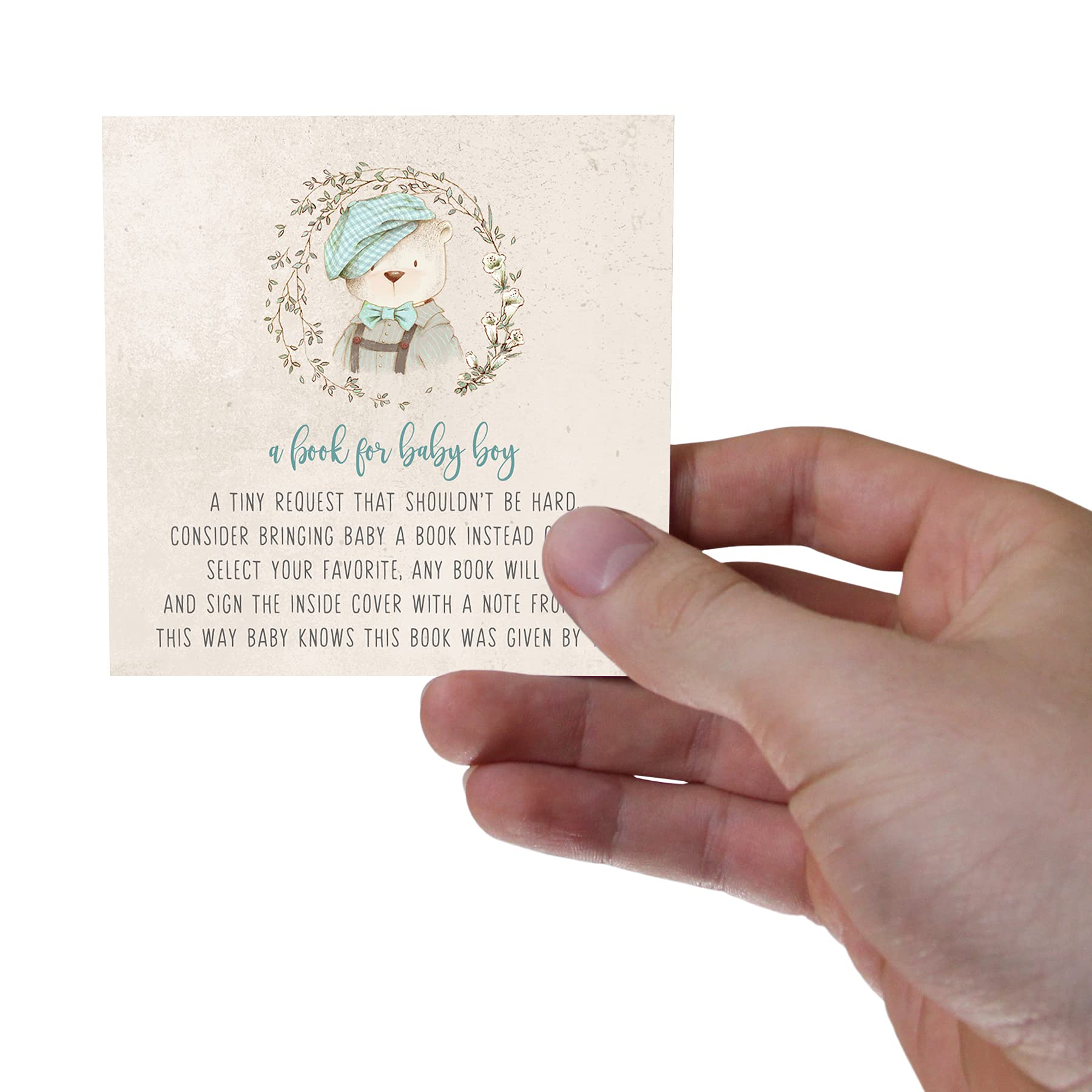 Paper Clever Party Teddy Bear Bring a Book Cards for Baby Shower (25 Pack) Boys Invitation Insert for Bow Tie Parties – Rustic Greenery Theme Blue – 4x4 Printed Card Set