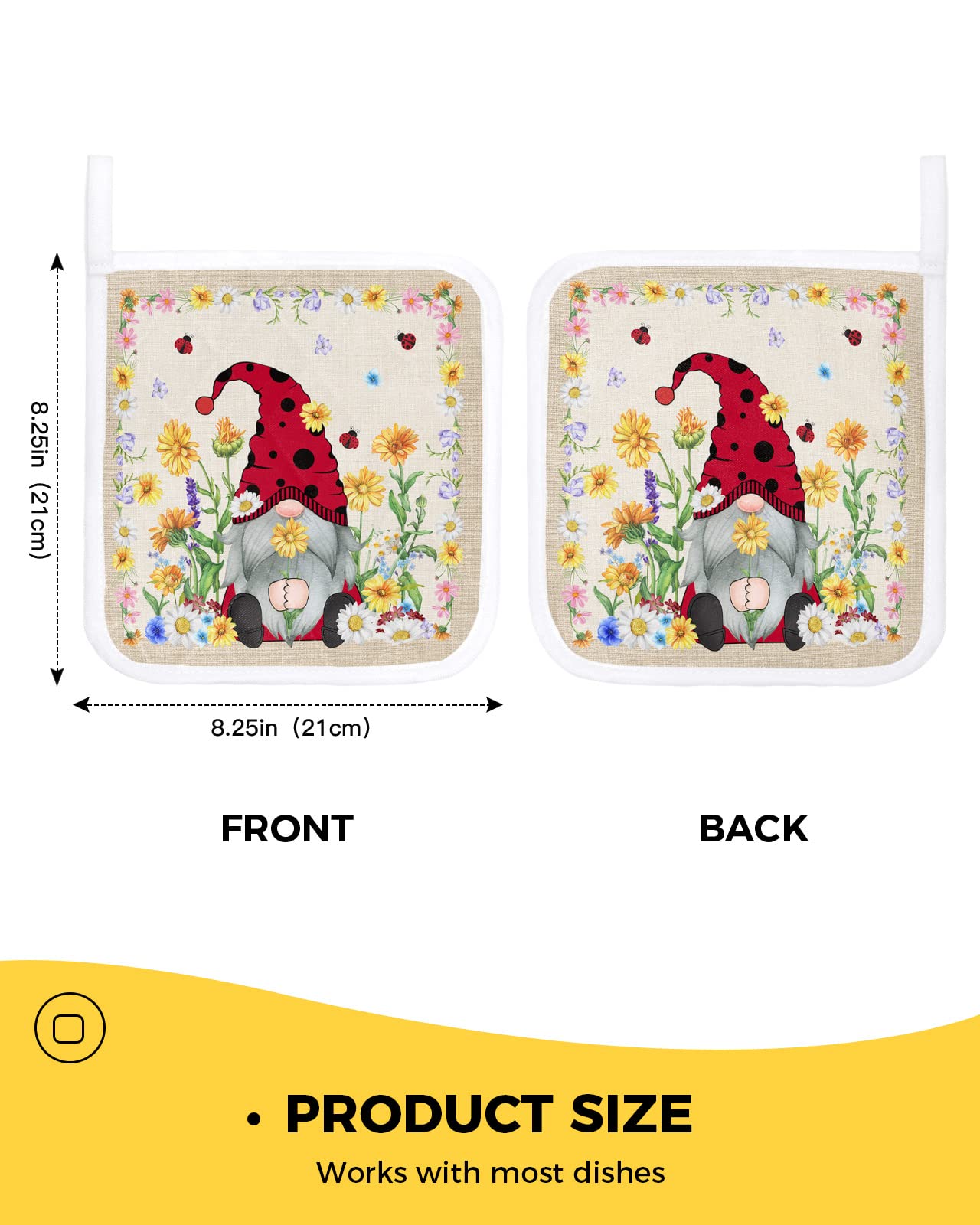 2 Pack Pot Holders for Kitchen,Spring Idyllic Gnome Yellow Daisy Flower Red Ladybug Heat Proof Potholder Hot Pads Trivet,Elf Country Floral Plant Washable Coaster Potholders for Cooking Baking