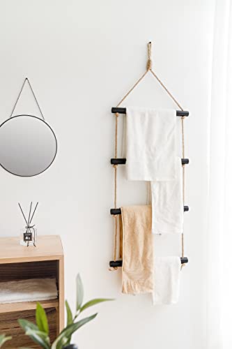 Dahey Blanket Ladder Scarf Holder Rack, Bath Towel Rack Bar Storage Ladder Wood Wall Hanging Living Room Scarf Ladder Rustic Home Decor Ladder,Black