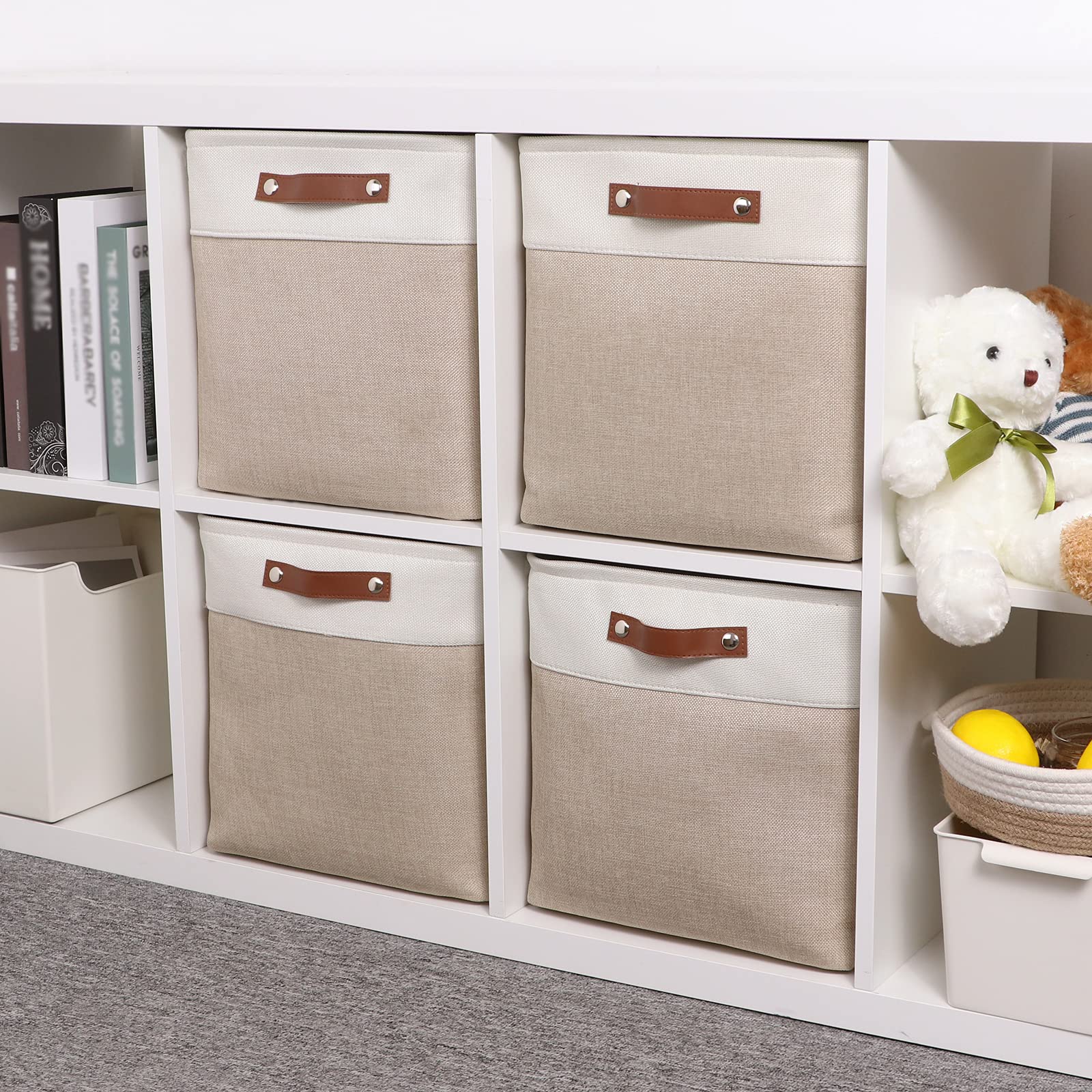 Temary Cube Storage Bins 13x13 Fabric Storage Cubes Baskets Set Of 4 Cloth Baskets for Shelf, Large Basket Empty Baskets for Organizing, Baskets Cube Basket for Storage (White&Khaki)