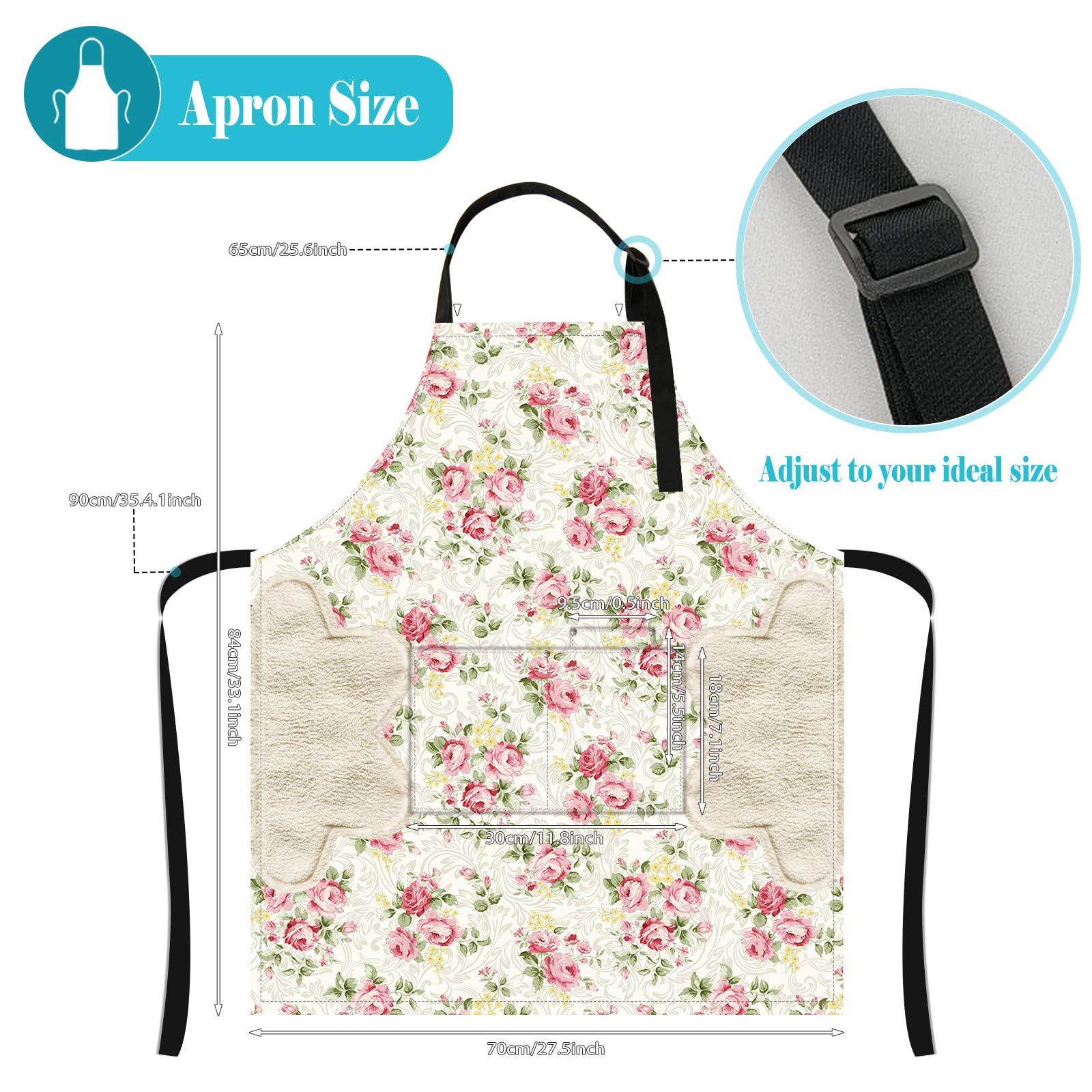 2 Pack Aprons for Women with 3 Pockets, Adjustable Waterproof Kitchen Bib Apron with 2 Towels for Chef Servers Grilling Cooking Baking, Plus Size Rose Flowers Aprons for BBQ Painting Gardening