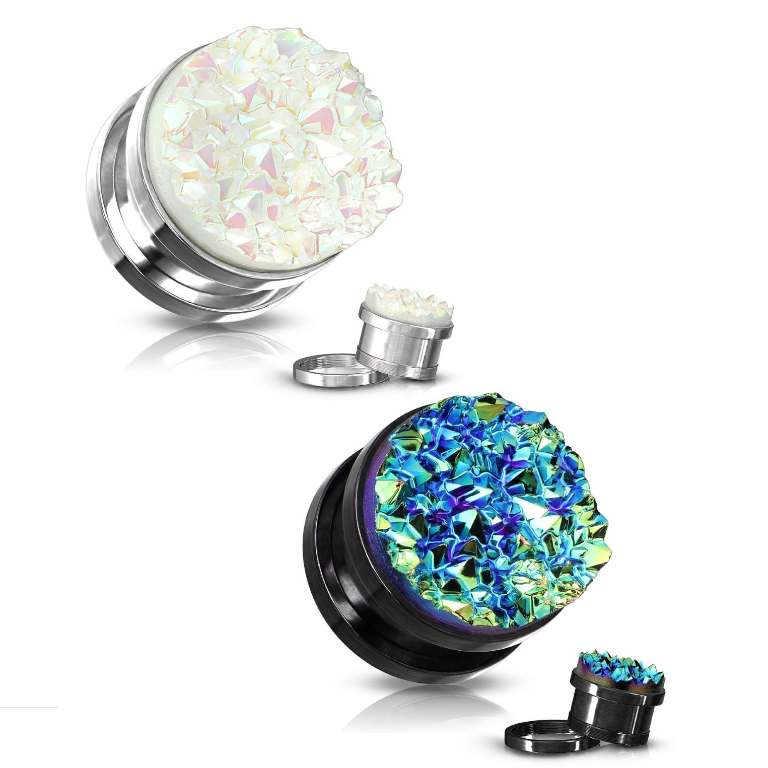 2 Pair Faux Druzy Stone Steel Ear Plugs Screw Fit Tunnels (2 Gauge (6mm))