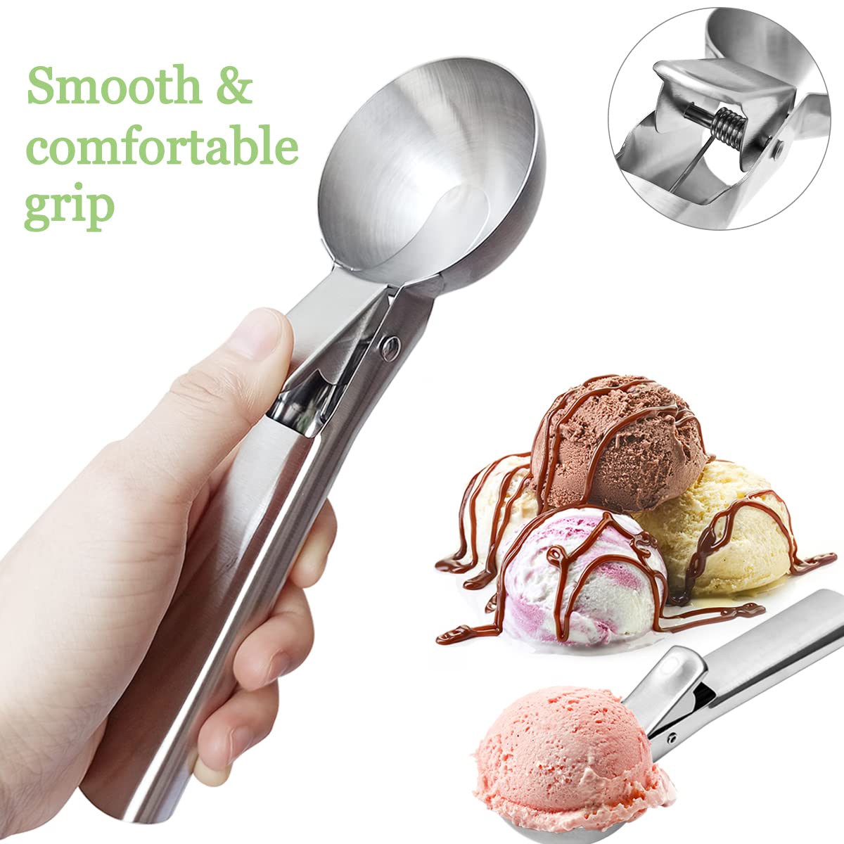2 Pcs Stainless Steel Ice Cream Scoop, Heavy Duty Ice Cream Scooper with Trigger Metal Icecream Scoop Spoon for Fruit Scoop, Sundaes, Sorbet, Icecream (Silver)