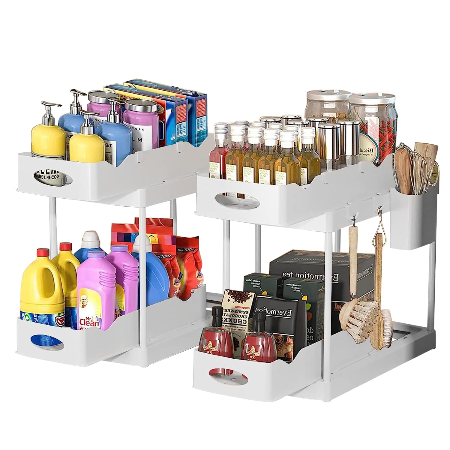 2 Pack Double Sliding Bathroom Cabinet Organizer, 2 Tier Under Sink Organizers w. Drawers & Storage, Baskets w. 8 Hooks & 4 Hanging Cups, Under Sink Storage for Kitchen Bathroom