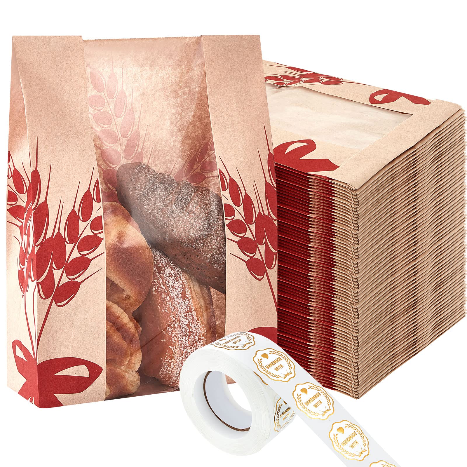 200 Pcs Kraft Paper Bread Loaf Bag with Clear Window Large Paper Bread Bags for Homemade Bread Food Packaging Storage Bakery Bag and 500 Pcs Stickers for Sourdough Popcorn Cookies, 14 x 8.3 x 3.2 In