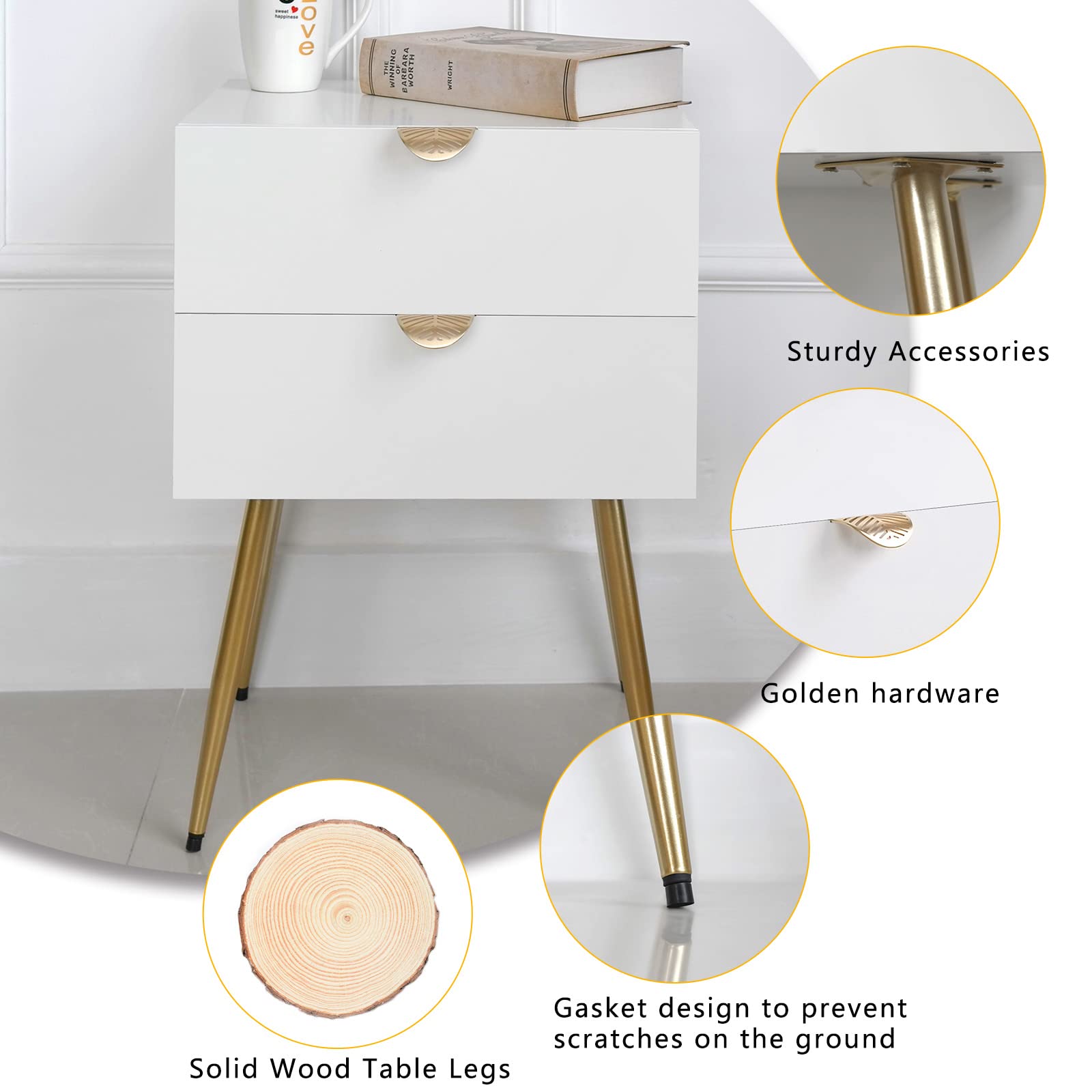Cloud Space White Nightstand with Drawers, Mid Century Modern Bedside Table Set of 2, Wood Small Side End Table for Living Room, Patio,Dorm,Bedroom