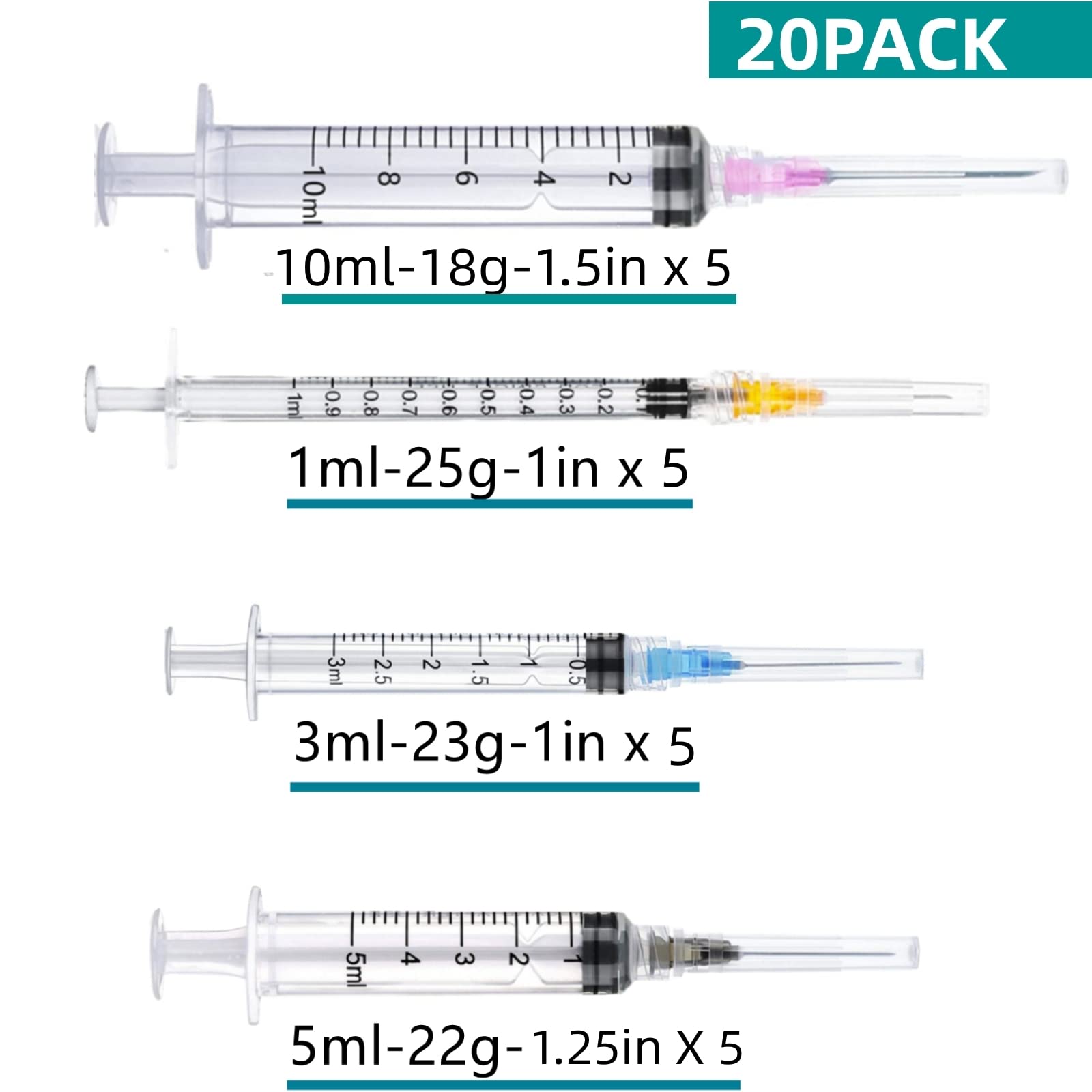 20 Pack Plastic Syringe Luer Lock with Needle - 10ml, 5ml, 3ml, 1ml Syringes and 18Ga, 22Ga, 23Ga, 25Ga Needle, Individually Sealed Package