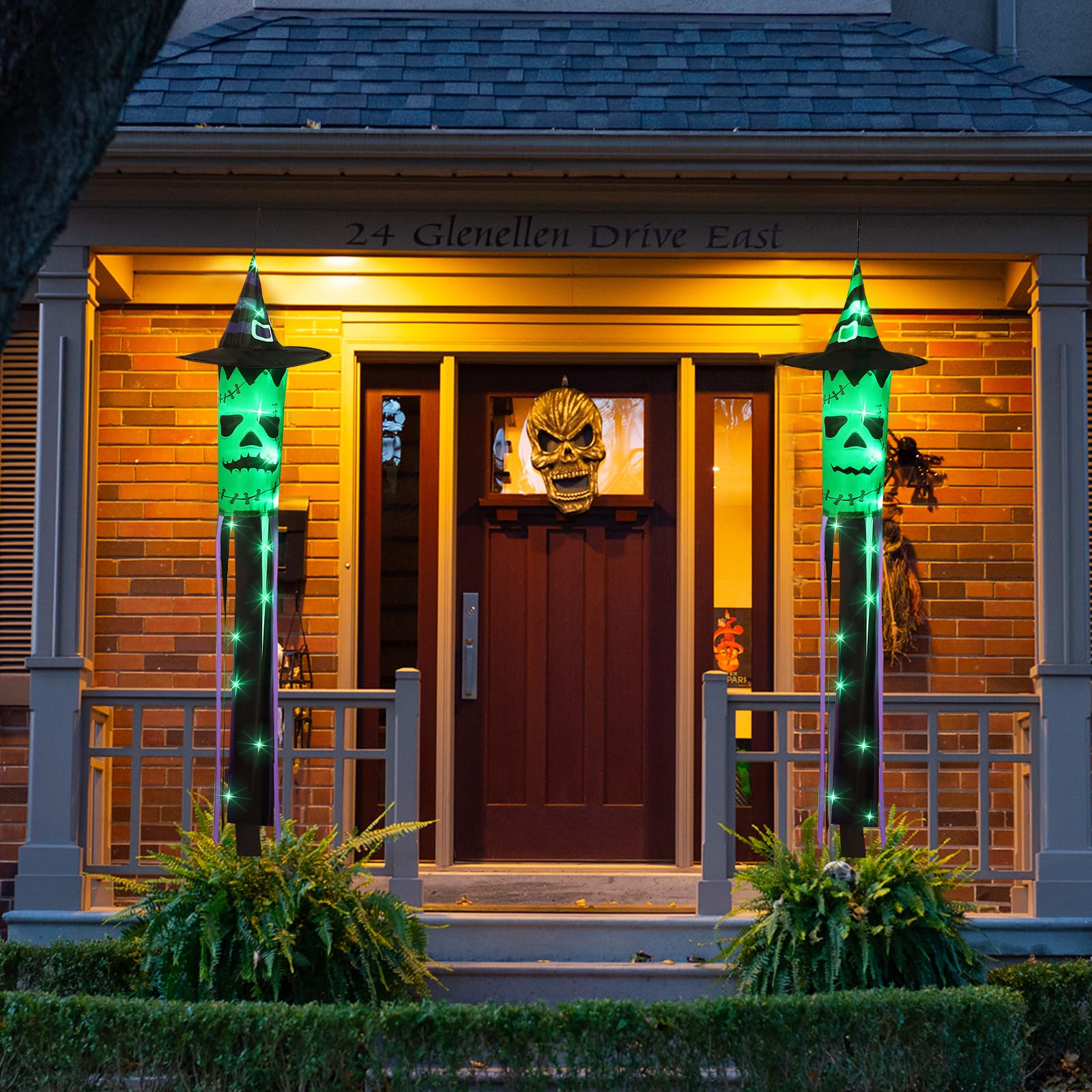 2 Pack Halloween Windsock Flag Halloween Outdoor Decorations with LED Lights Hanging Glowing Witch Hat Windsock Flag Ghost Spooky Wind Socks for Trees Yard Front Door Decor (Green Ghost)