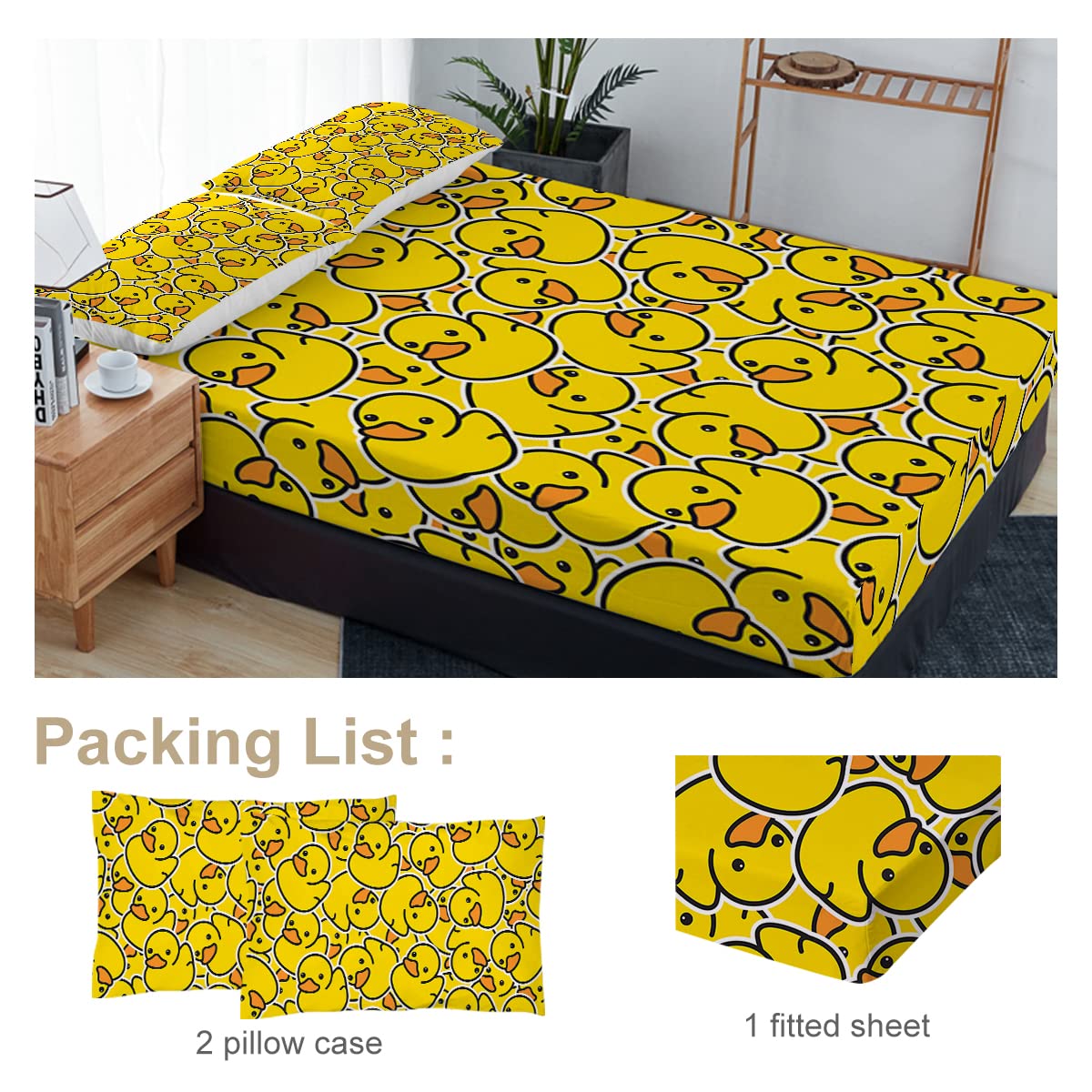 ARIGHTEX Yellow Rubber Duck Fitted Bed Sheet Set Kids Soft Microfiber Breathable Bedding All-Round Elastic Pocket 3 Pieces Fitted Sheet Set for Boys and Girls (Twin)