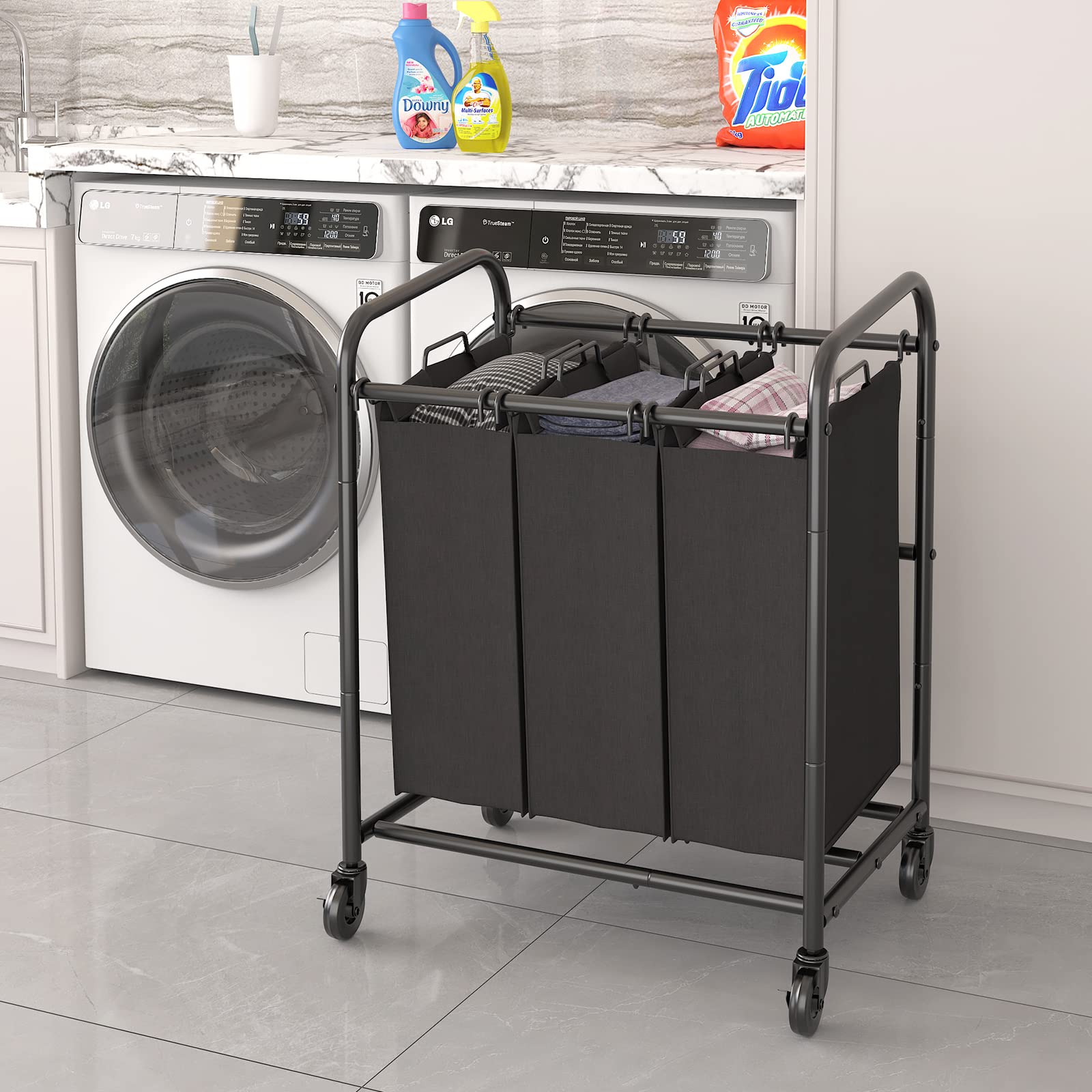 Wisdom Star 3 Bag Laundry Sorter Cart, Laundry Hamper Sorter with Heavy Duty Rolling Wheels and Removable Bags for Clothes Storage,Laundry Organizer Laundry Basket Laundry Clothes Hamper, Black