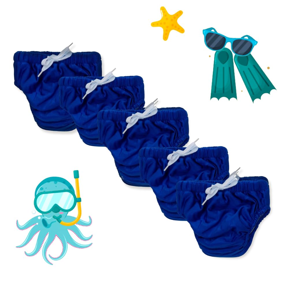 KaWaii Baby Best Fitting Reusable Swim Cloth Diaper Soft Stretchy Mesh Inner, Training Pant, Lightweight, Comfortable, Swimming Lessons, Unisex, Blue, Pack of 5 (M) 24β35 lbs