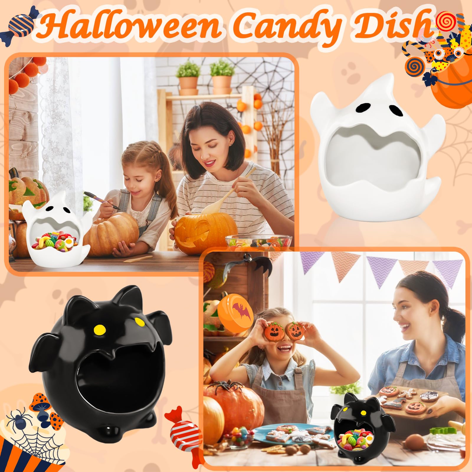 2 Pack Halloween Candy Dish Holder Bat Ghost Shape Halloween Candy Bowls Candle Holder Ceramic Dish Holiday Tired Tray Decor for Trick or Treat Halloween Party Table Decoration Supplies Gift