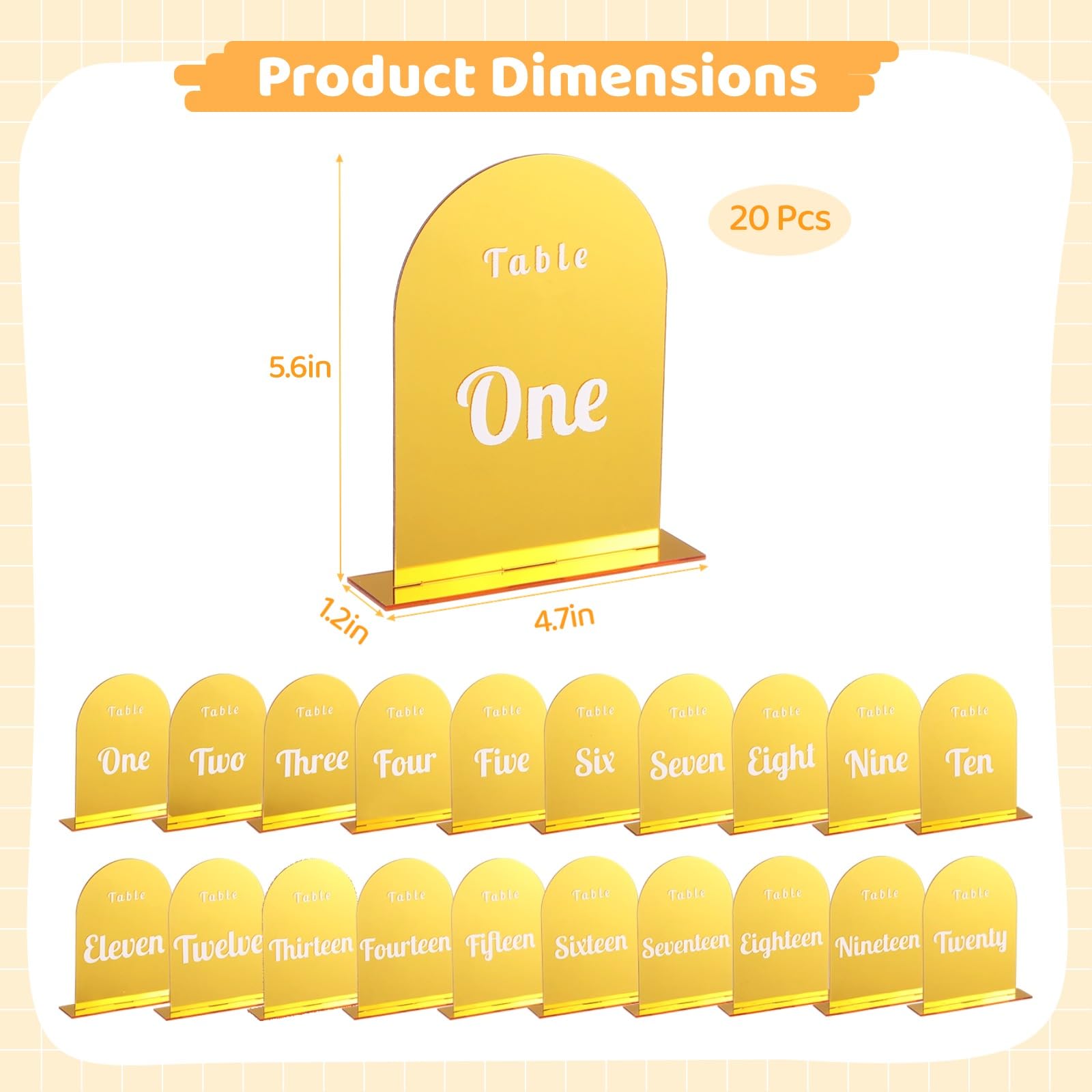 20 Pack Wedding Table Numbers with Stands 1-20, 4.7 X 5.6 Inch Gold Arched Mirrored Table Signs Number Display Stand for Wedding Reception Event Restaurant Decoration